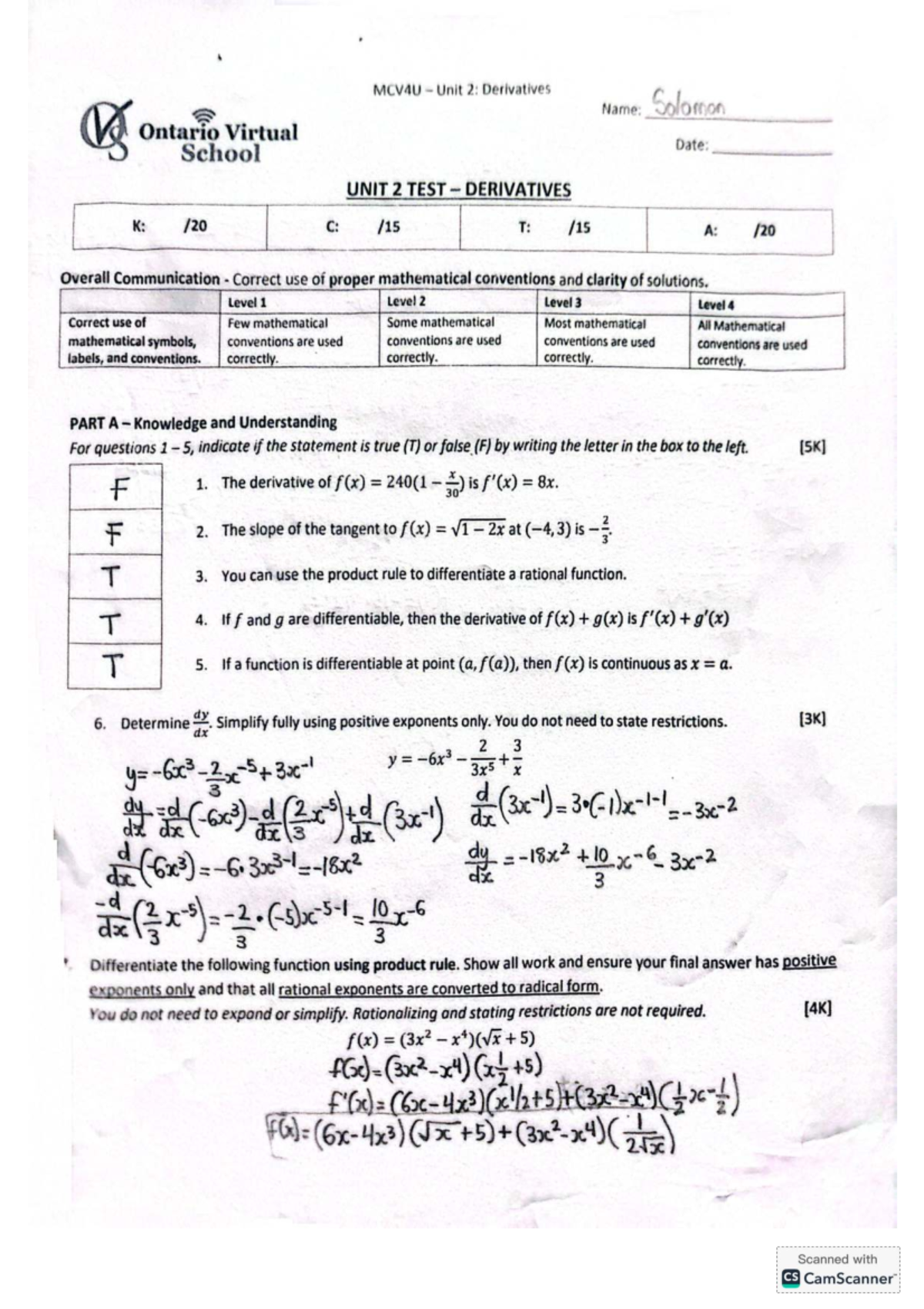 MCV4U Unit 2 Test: Understanding Derivatives and Their Applications ...