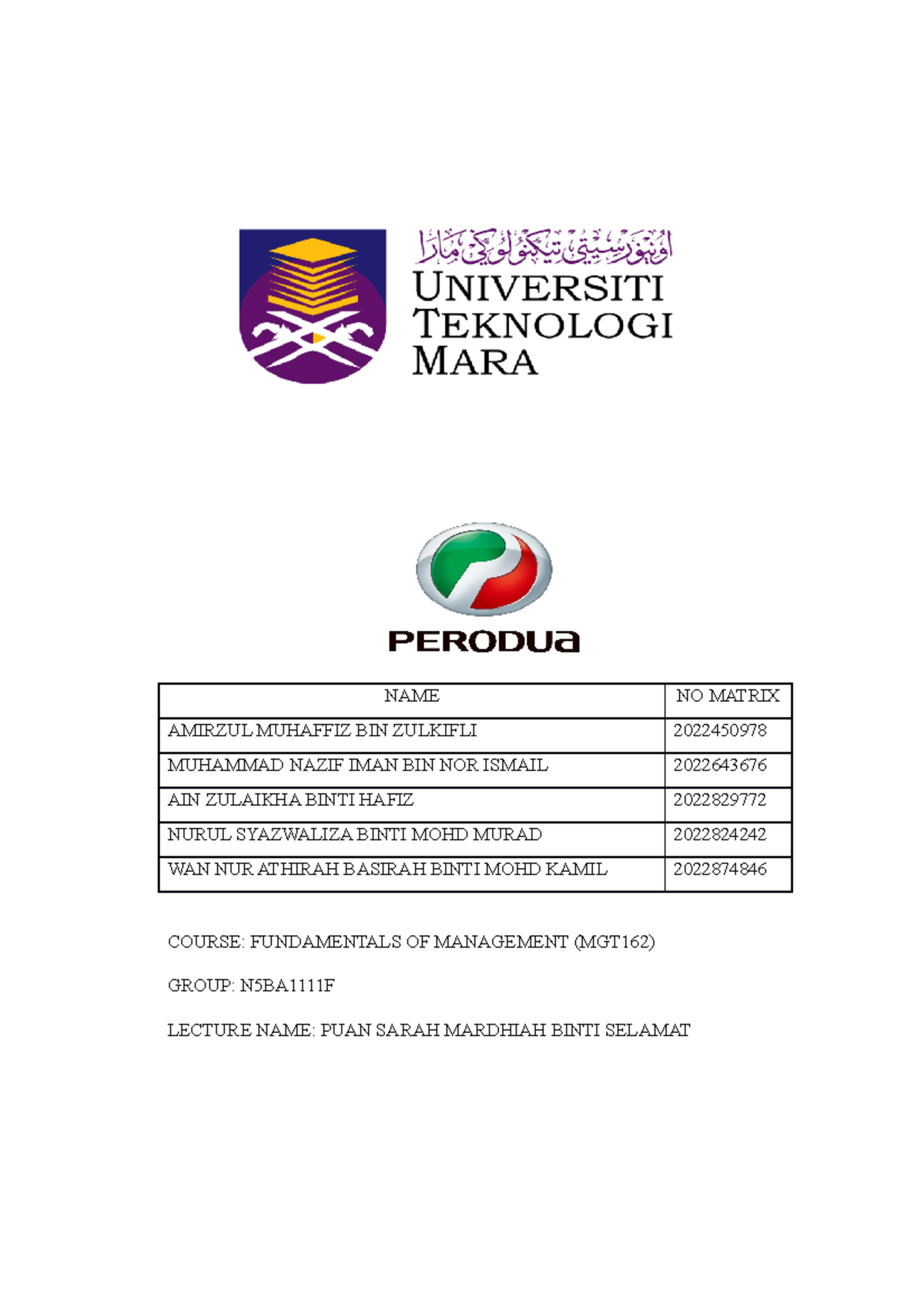 MGT162 Group Project Report: Analysis of Perodua's Management ...