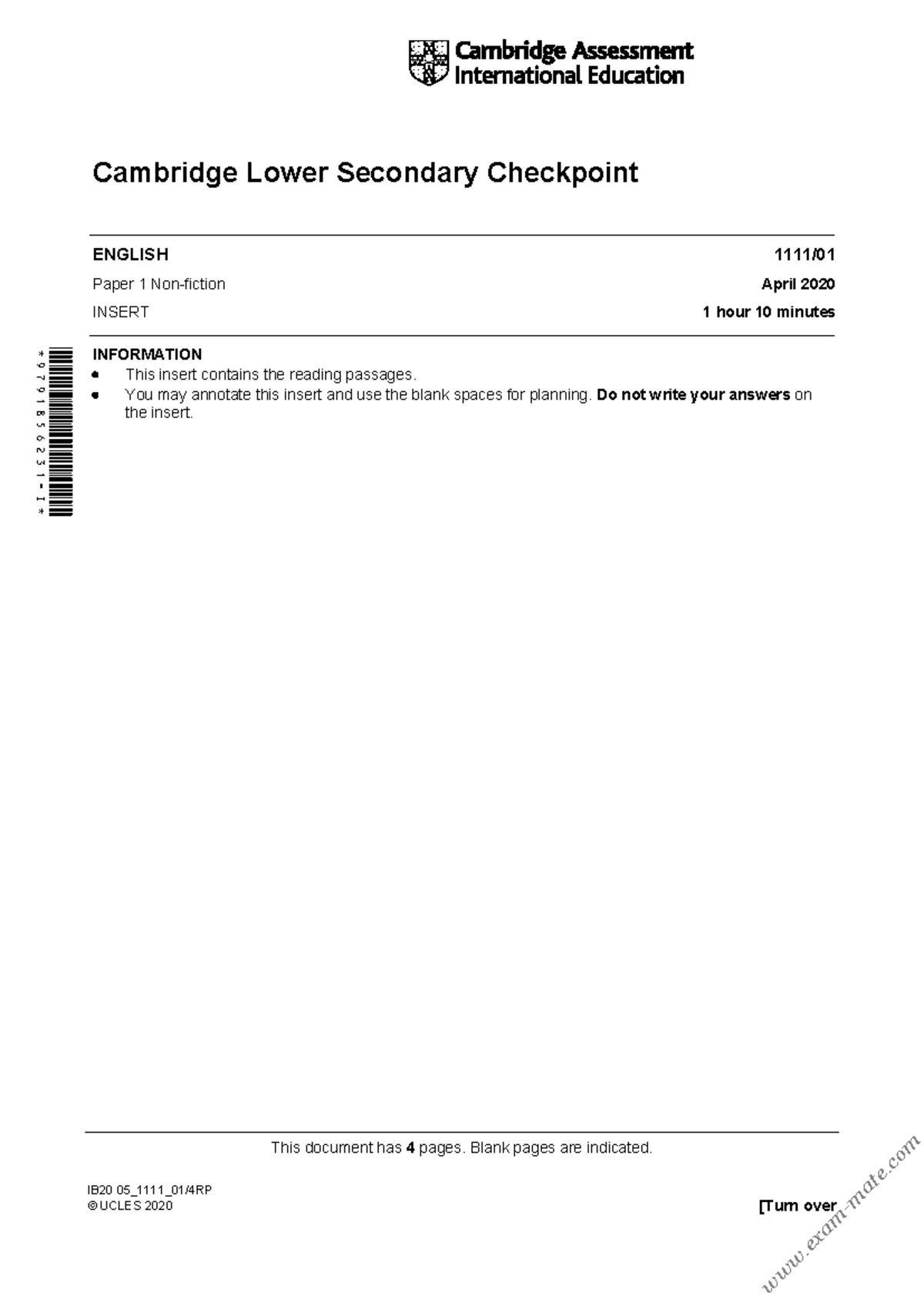 Cambridge Lower Secondary Checkpoint ENGLISH Paper 1 April 2020 ...