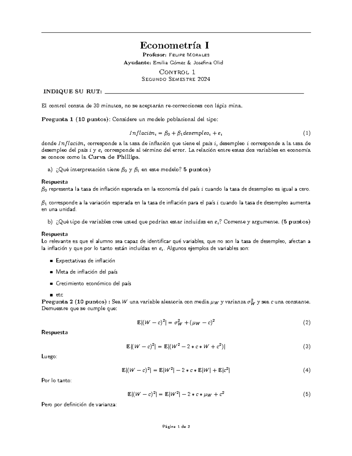 Control 1 Econometría 2do Semestre 2024 - Econometr ́ıa I Profesor: Felipe Morales Ayudante ...