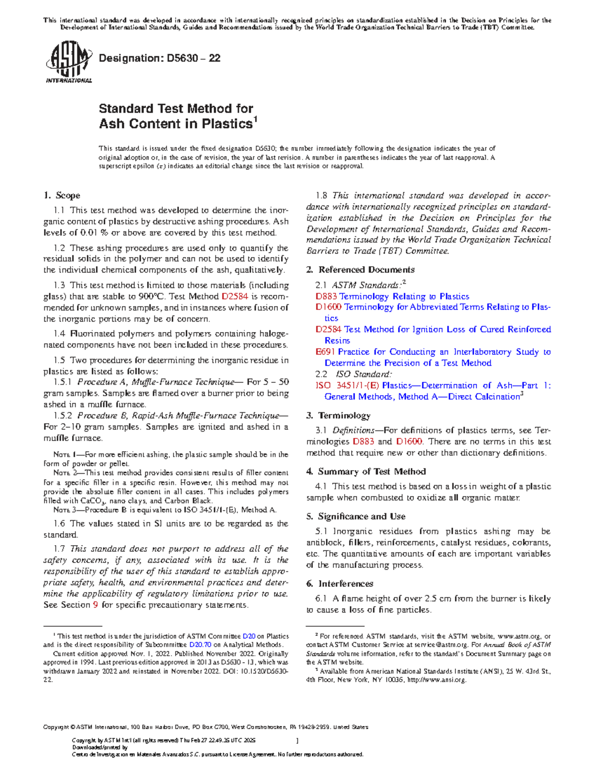 D5630-22 Standard Test Method for Ash Content in Plastics - Studocu
