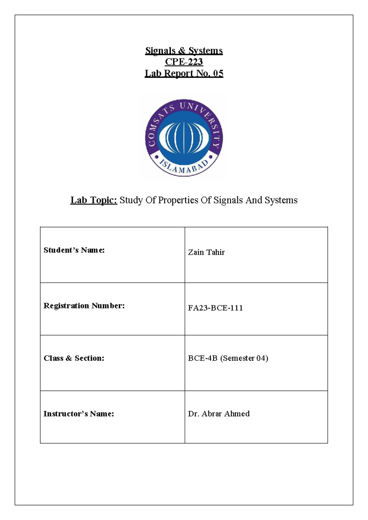 SNS 04 Signals & Systems Lab Report No. 05: Properties Study - Studocu