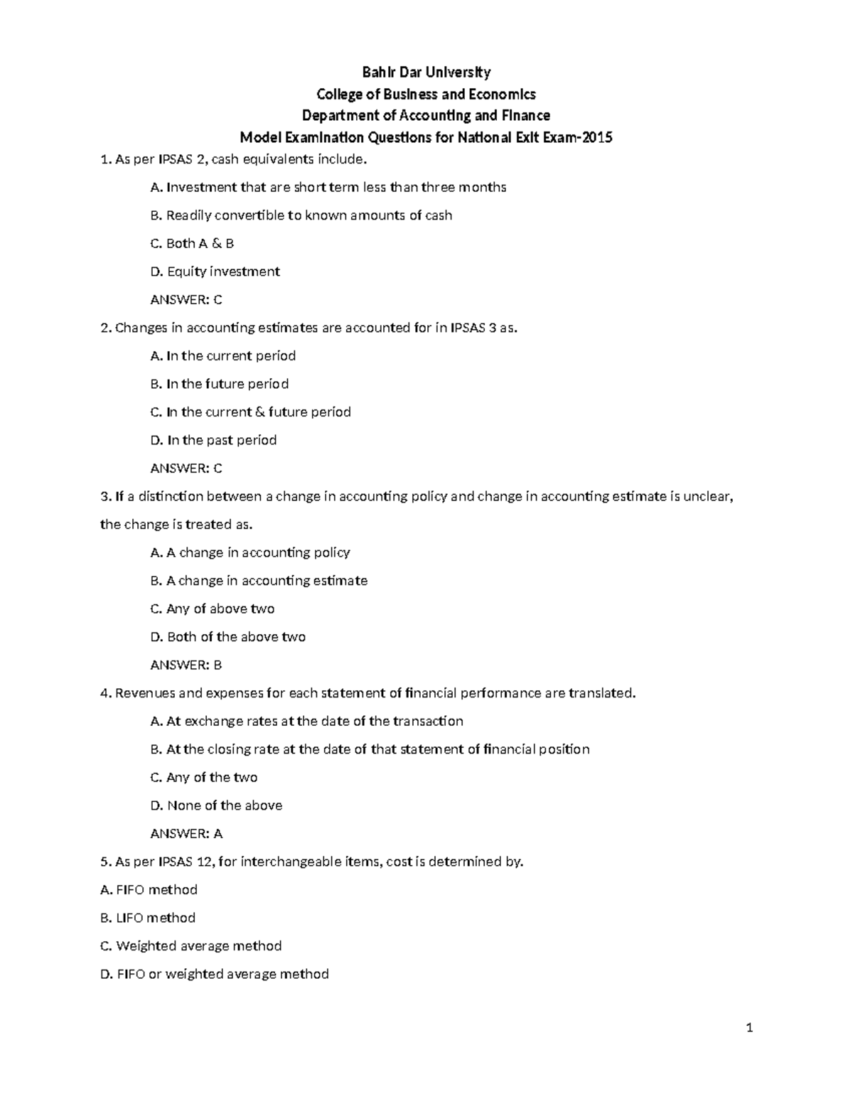 BDU Model Exit Exam Questions - Accounting & Finance 2015 - Studocu