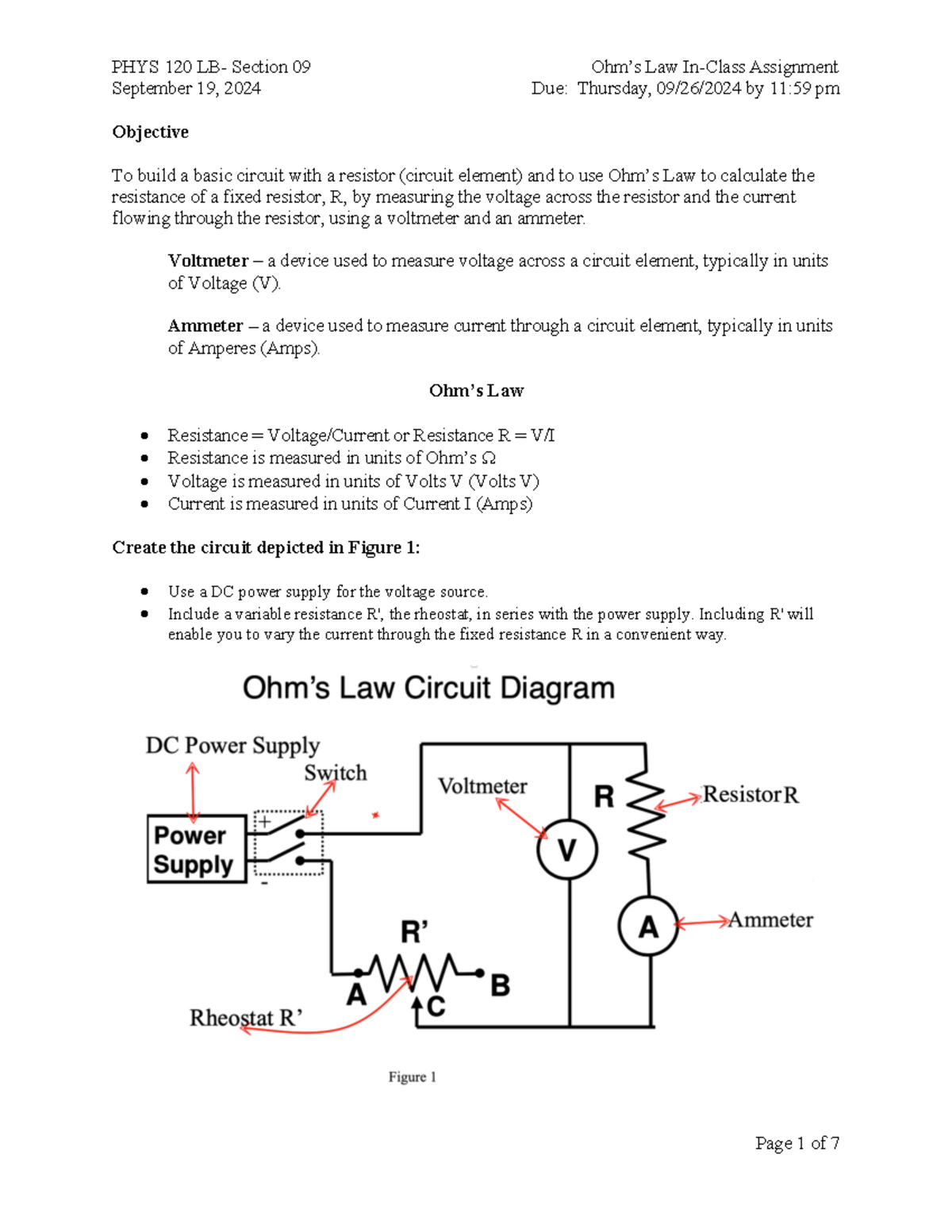 Ohms Law In Class Assignment Fall 2024 - September 19, 202 4 Due ...