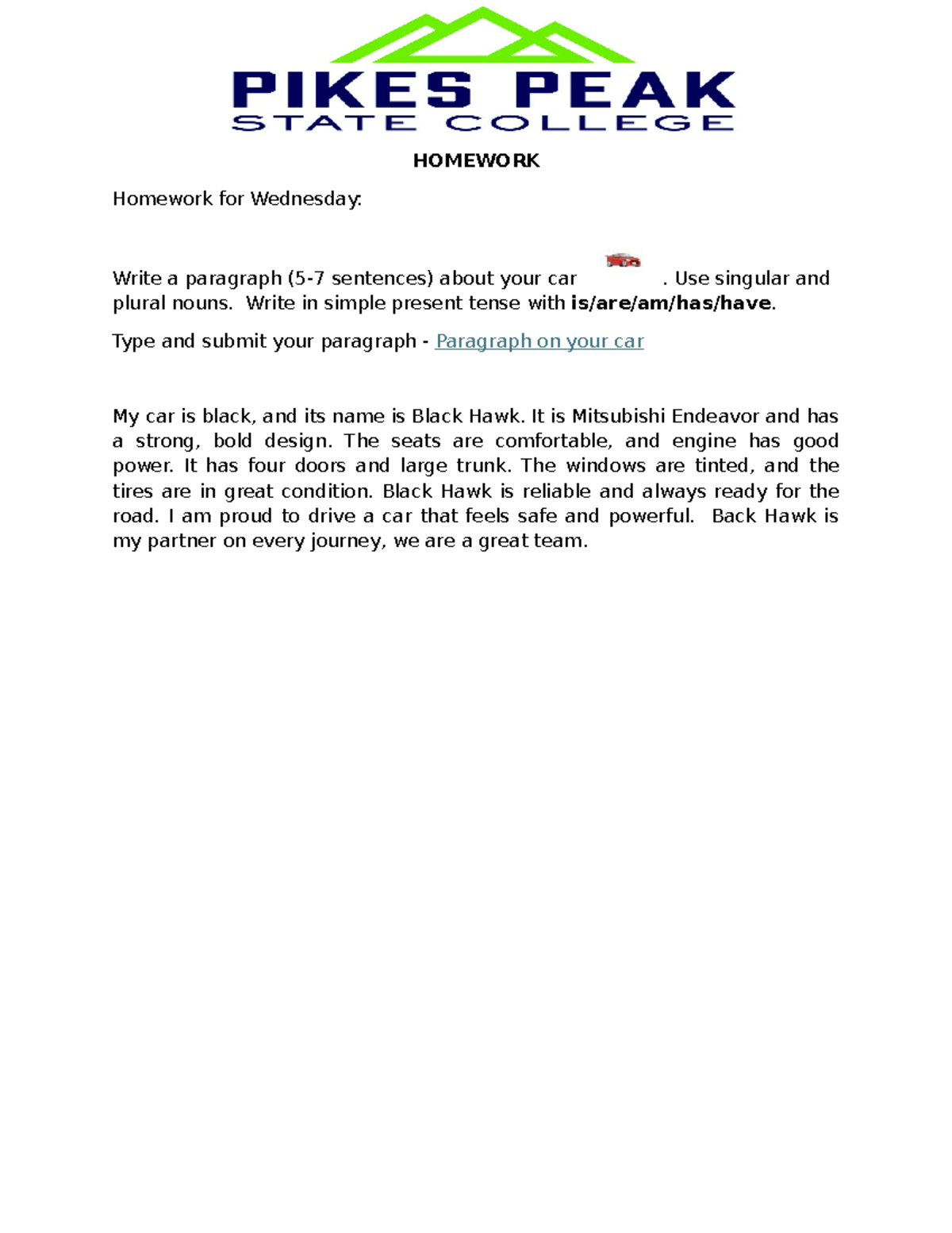 Homework for Wednesday: Paragraph on My Car (Gram 3) - Studocu