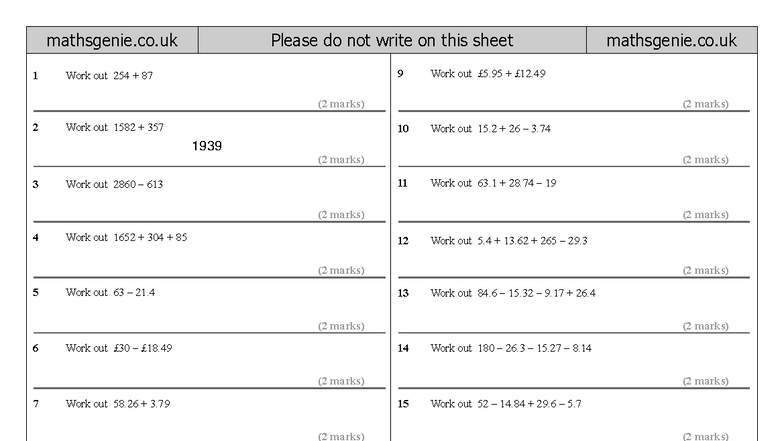 Grade 1 Addition and Subtraction Worksheet - MathsGenie.co.uk - Studocu