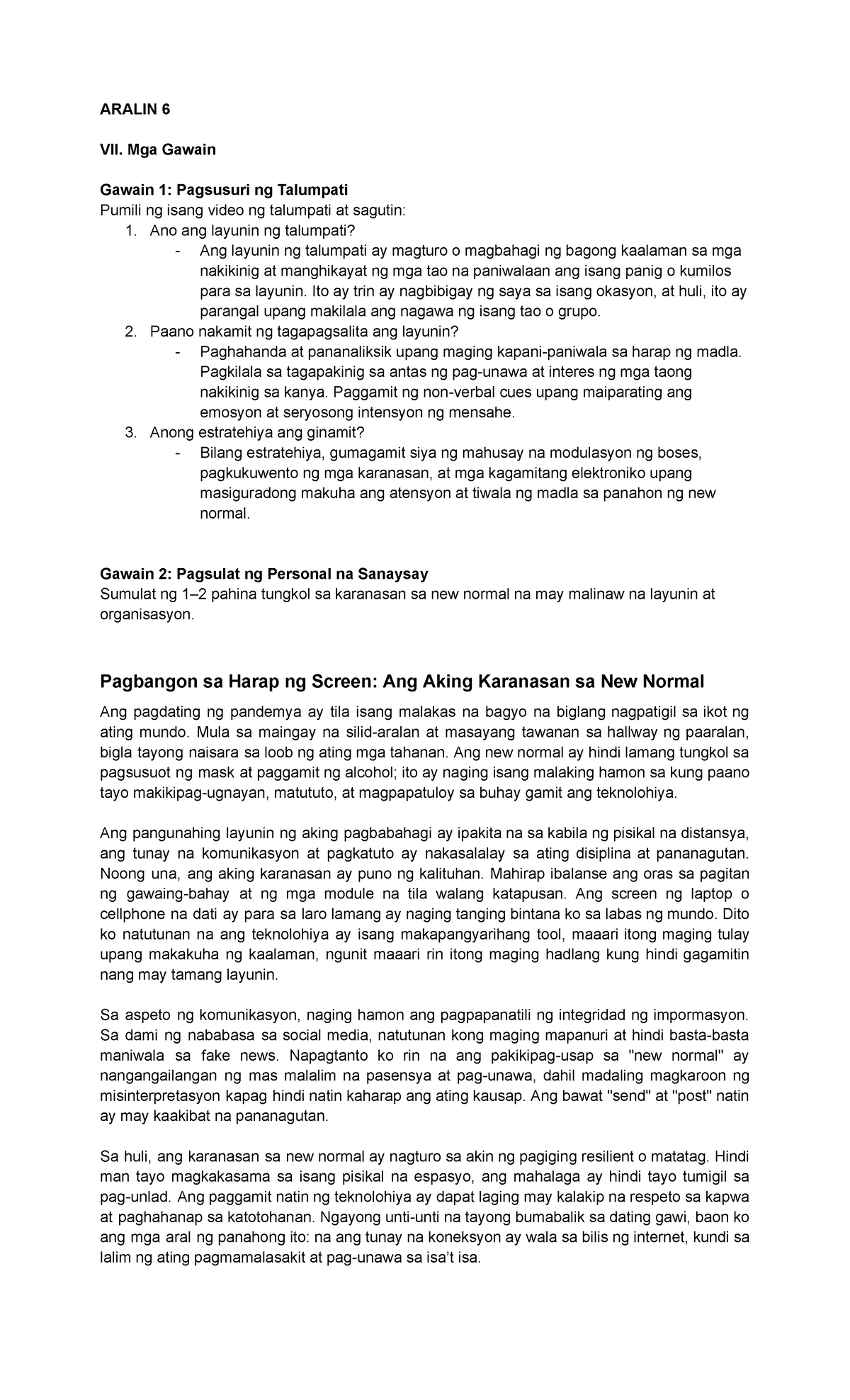 Aralin 6: Gawain sa Pagsusuri ng Talumpati at Personal na Sanaysay ...