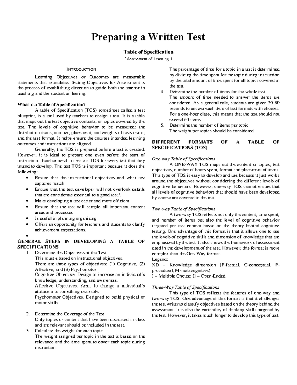 Creating a Table of Specification for Effective Test Design - Studocu