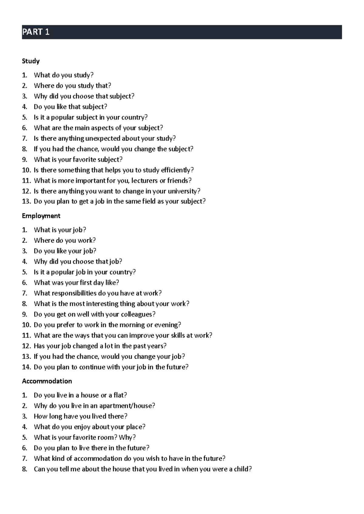 All Speaking Topics for Language Proficiency (Part 1 & 3) - Studocu