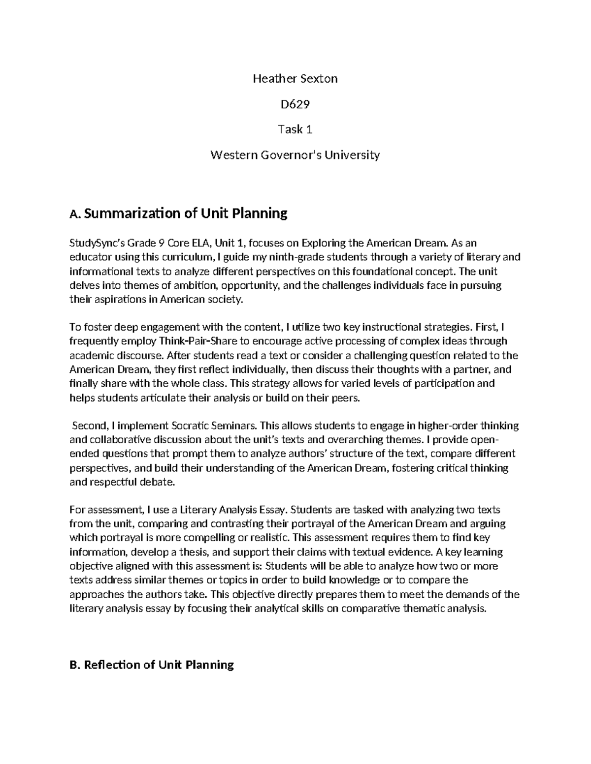 D629 Task 1 - Unit Planning for Grade 9 Core ELA: Exploring the ...