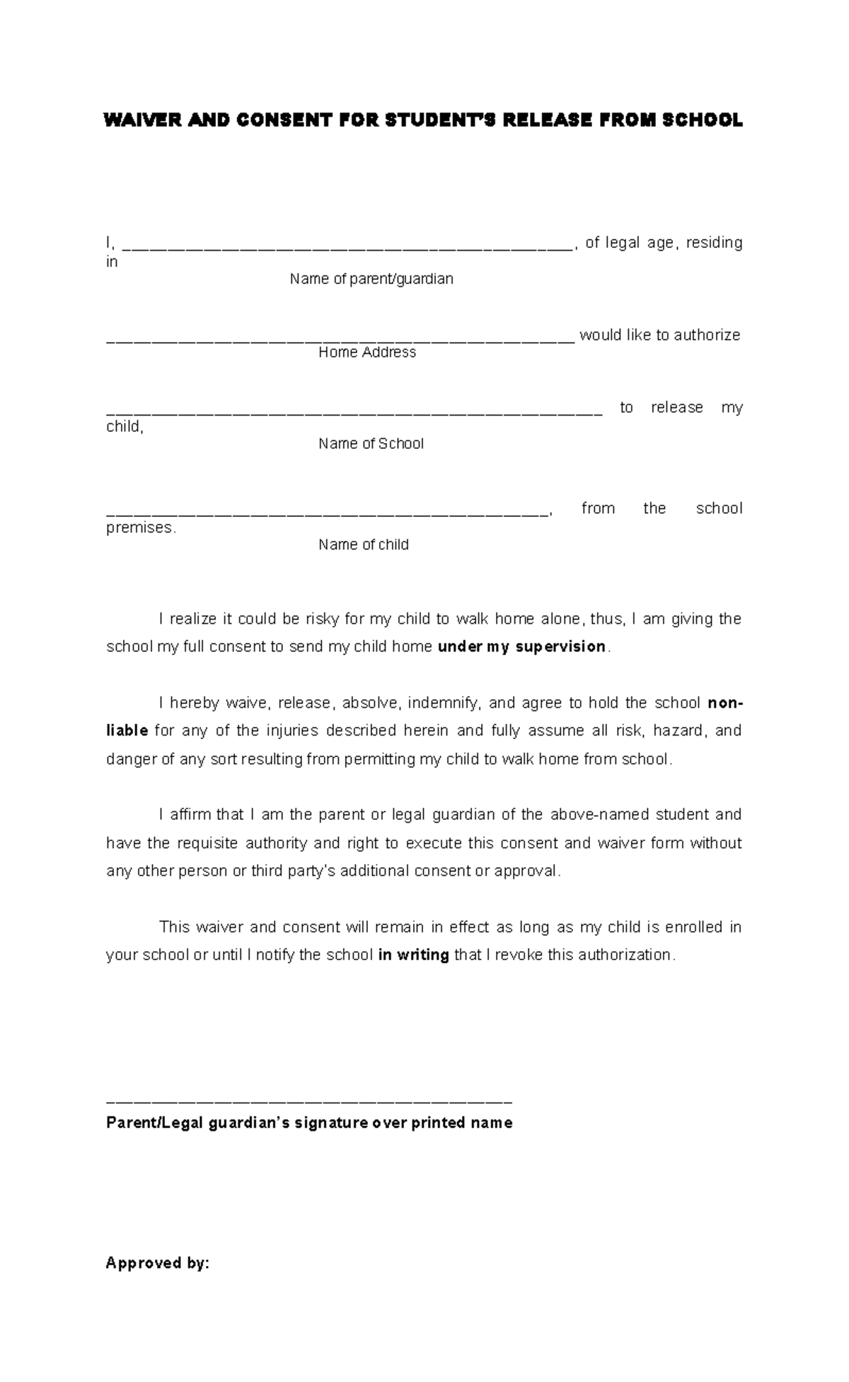 Waiver & Consent Form for Student Release from School - Studocu