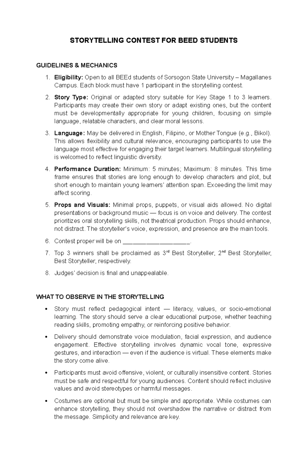 Storytelling Contest Guidelines for BEEd Students at SSU - Studocu