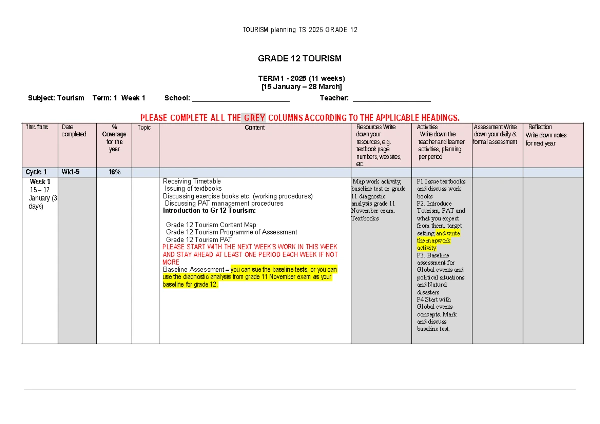 TS 2025 Grade 11 Tourism Lesson Planning: Term 1 to 4 Overview - Studocu