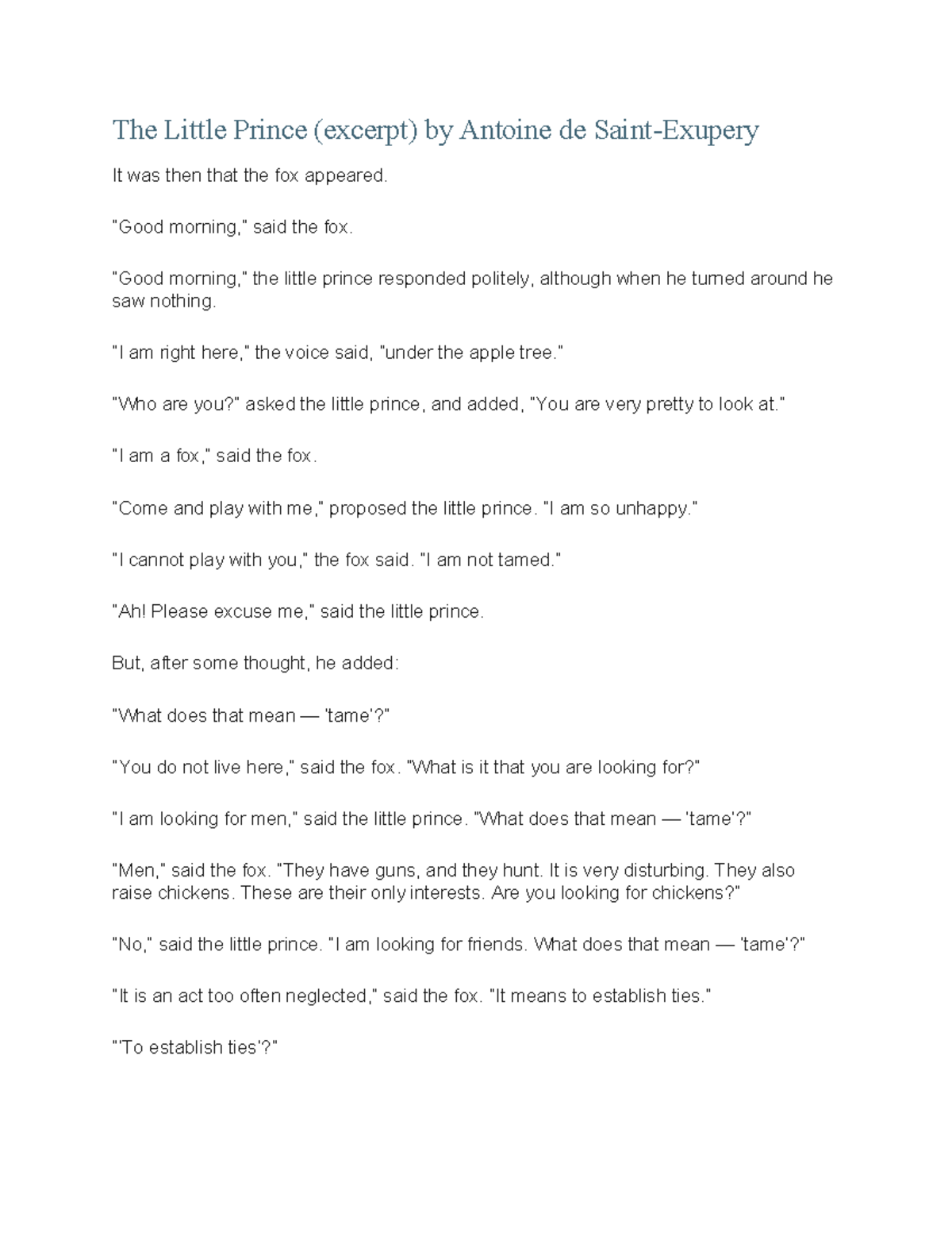 The Little Prince (Excerpt) - Insights on Friendship and Taming - Studocu