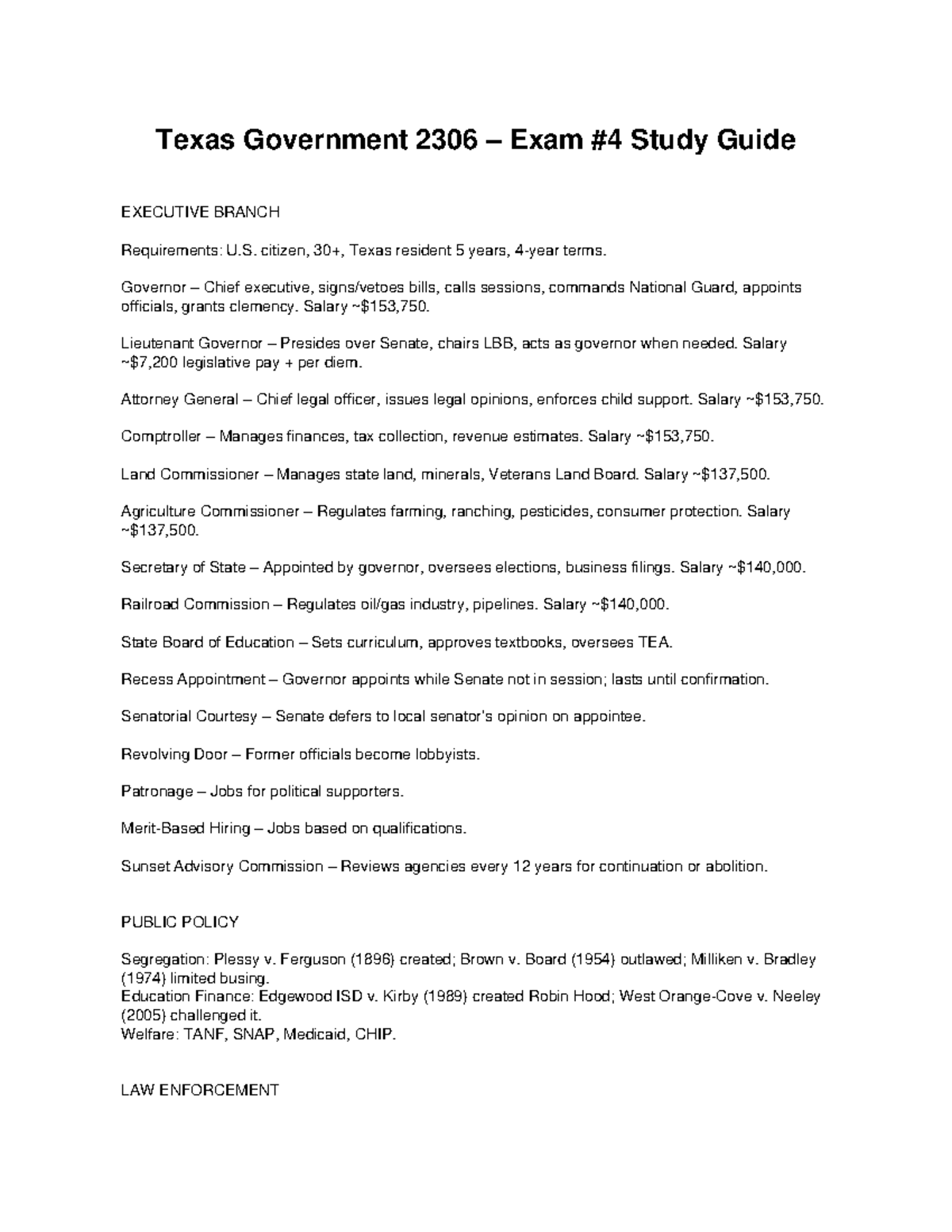 Texas Government 2306 – Exam #4 Study Guide: Executive Branch & Public ...