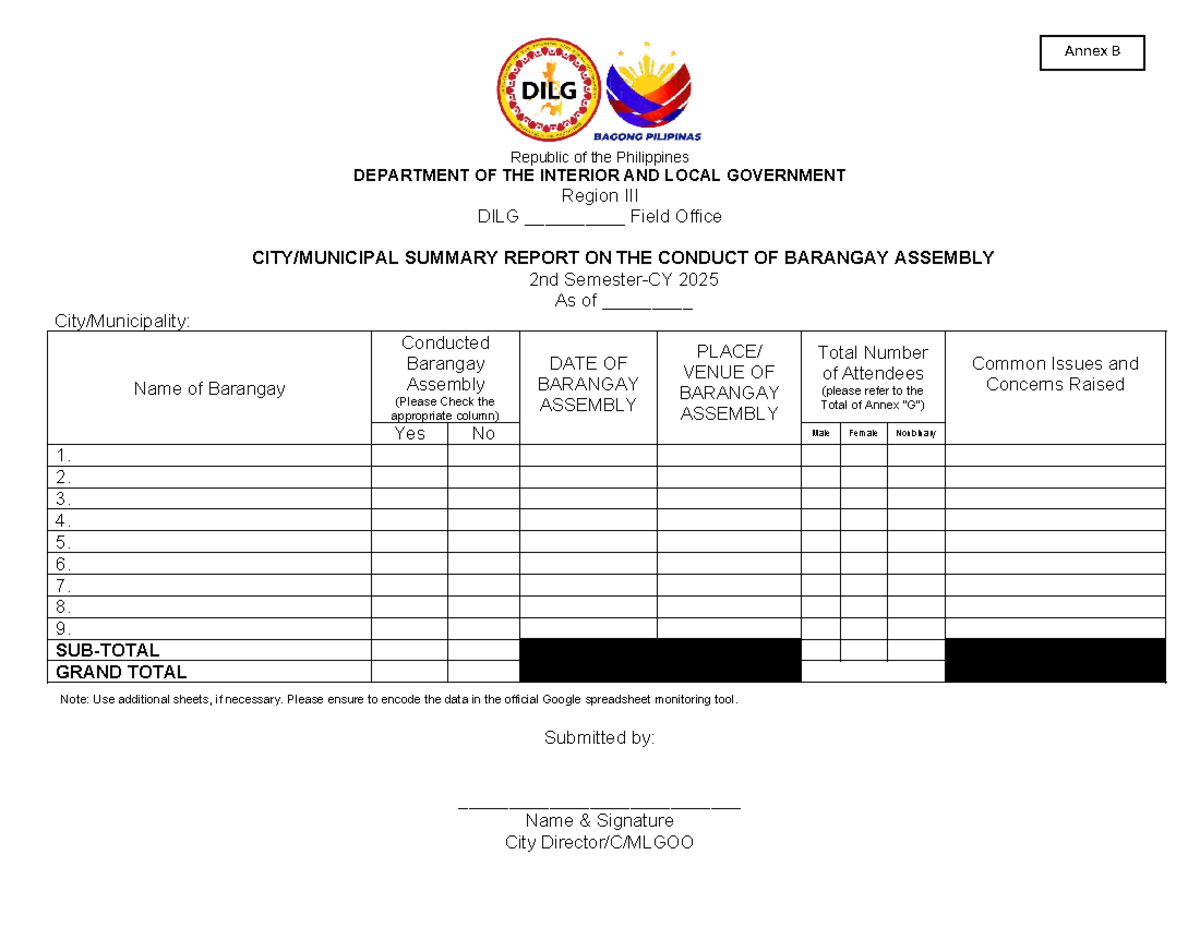 Annex B – DILG Summary Report on Barangay Assembly 2nd 2025 - Studocu