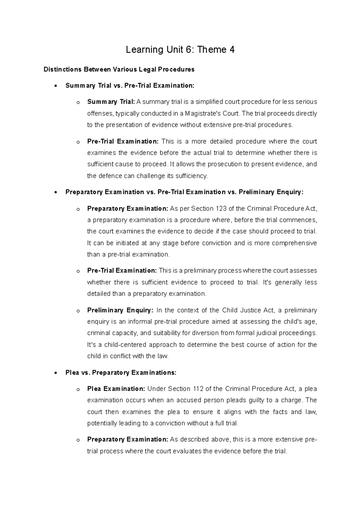 Legal Procedures Overview: Summary Trials & Examinations - Unit 6 - Studocu