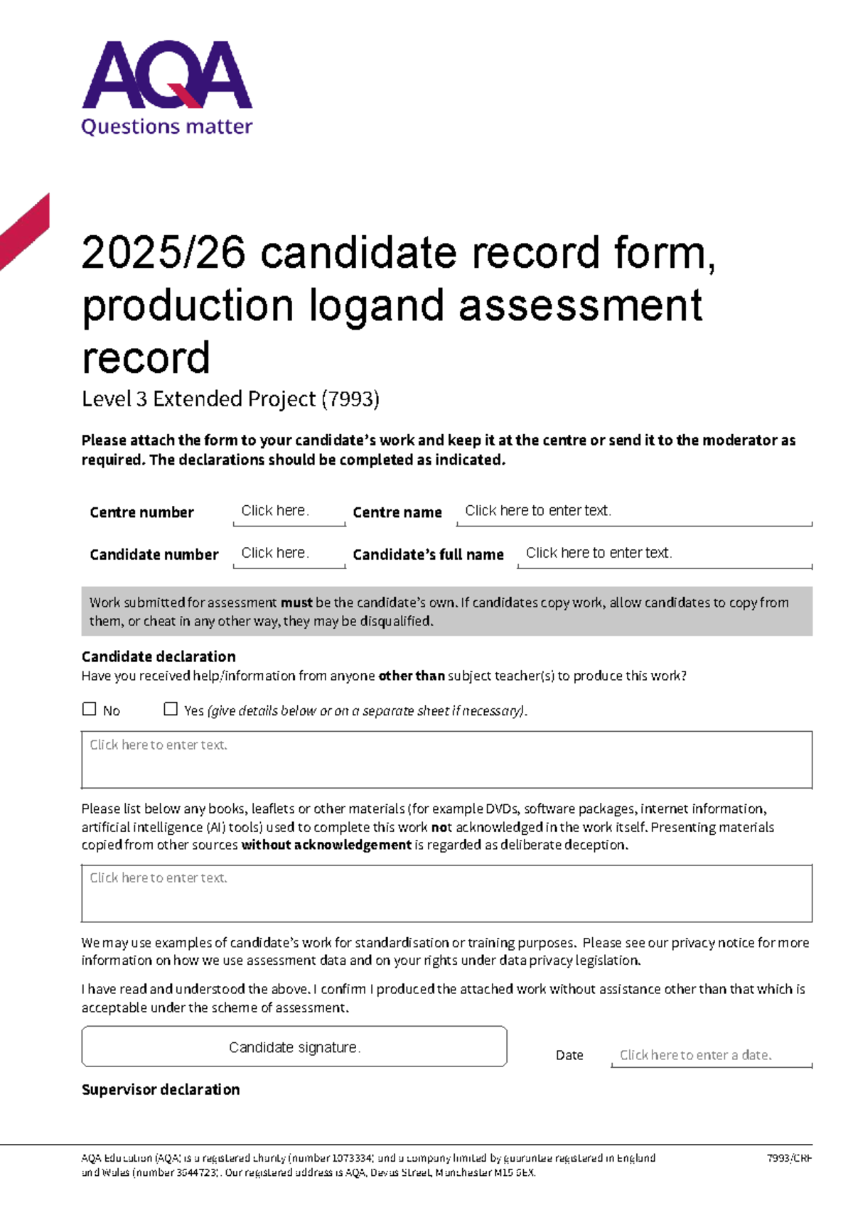 AQA 7993 Extended Project Candidate Record Form & Production Log - Studocu