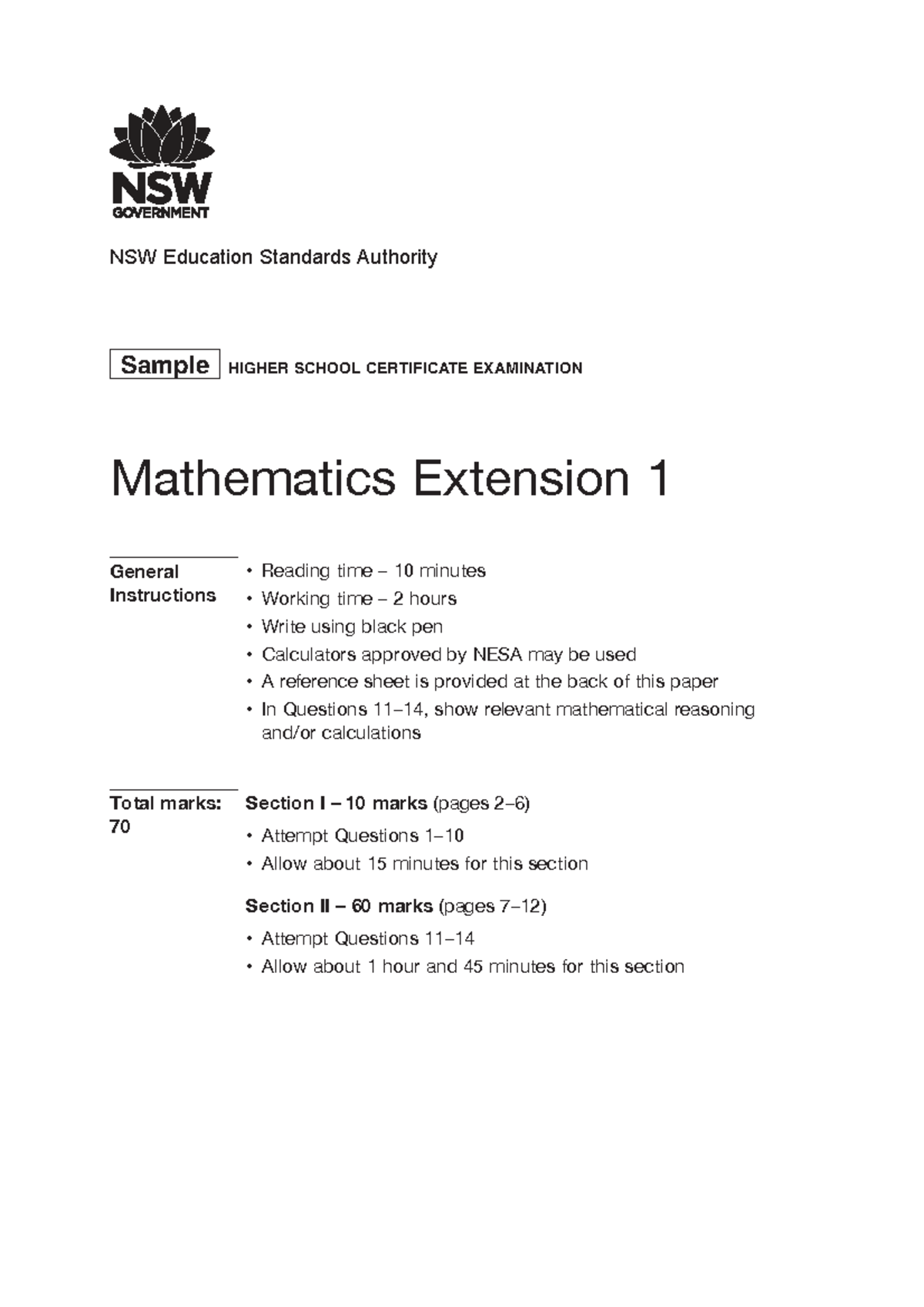 Mathematics Extension 1 Sample HSC Examination 2020 - Studocu