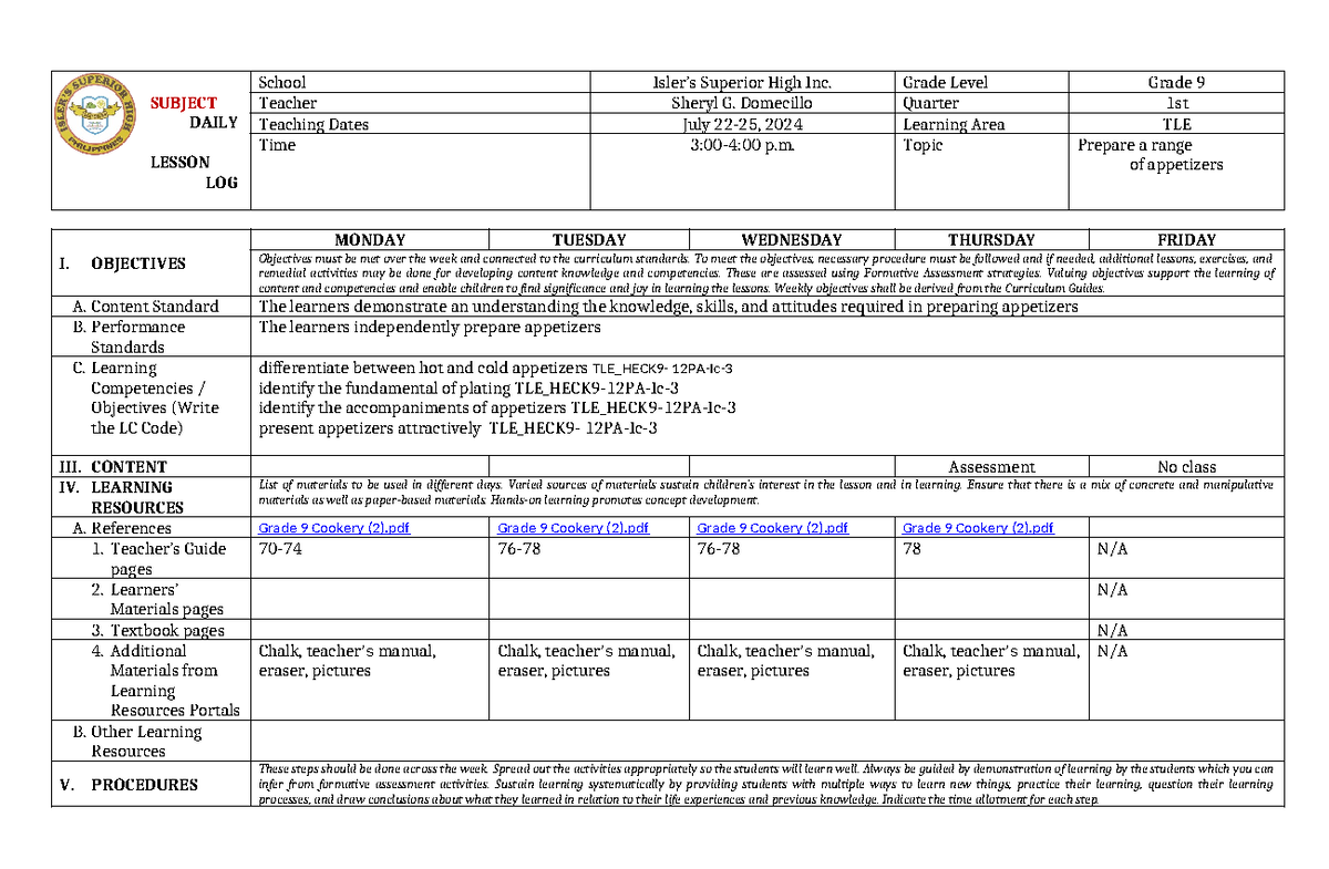 TLE 9 Daily Lesson Log: Appetizer Preparation (July 22-25, 2024) - Studocu