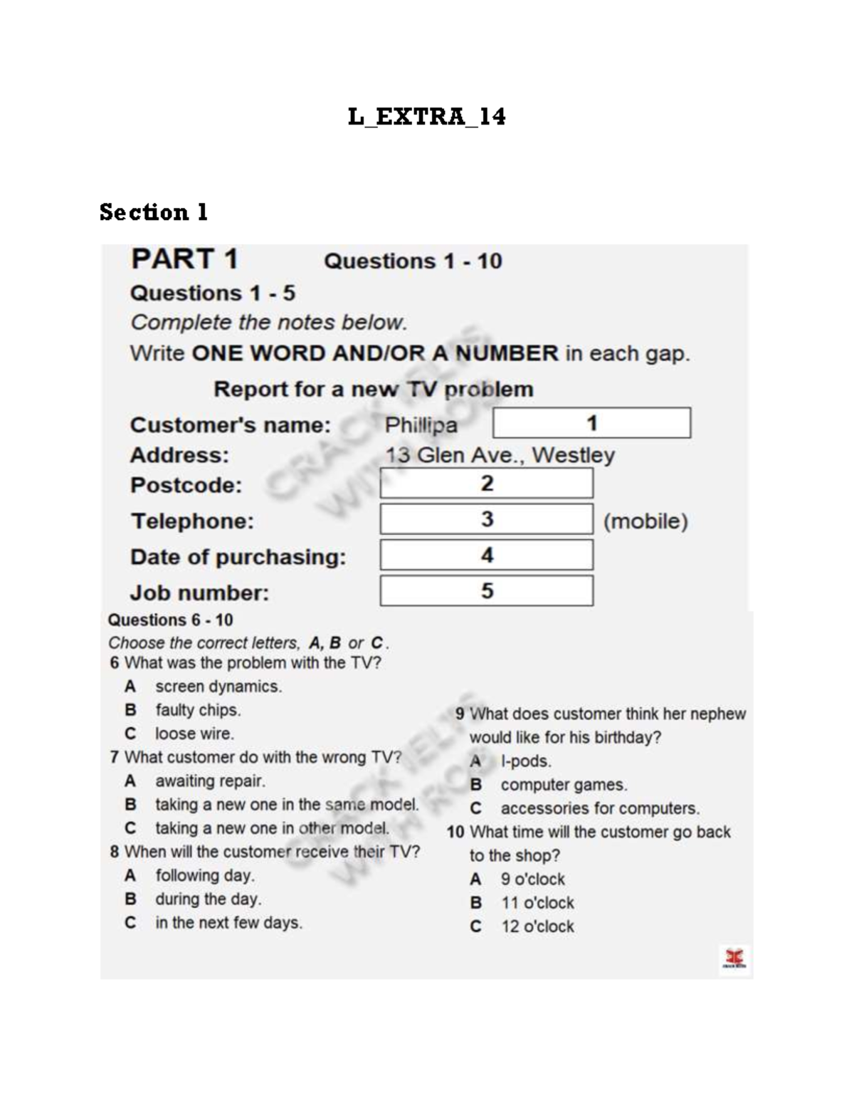 L Extra 14 - IELTS - L_EXTRA_14 Section 1 PART 1 Questions 1 10 ...
