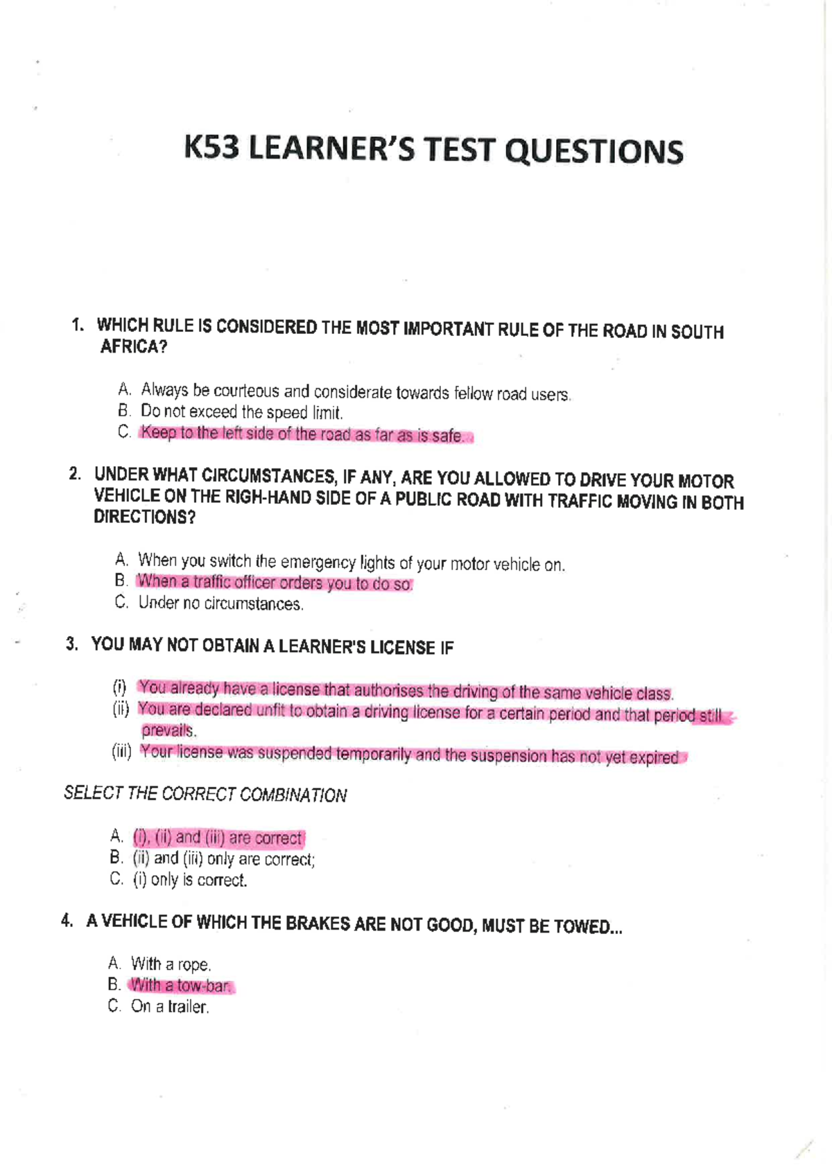 Learners Manual - K53 TEST QUESTIONS 1. WHICH RULE IS CONSIDERED THE ...