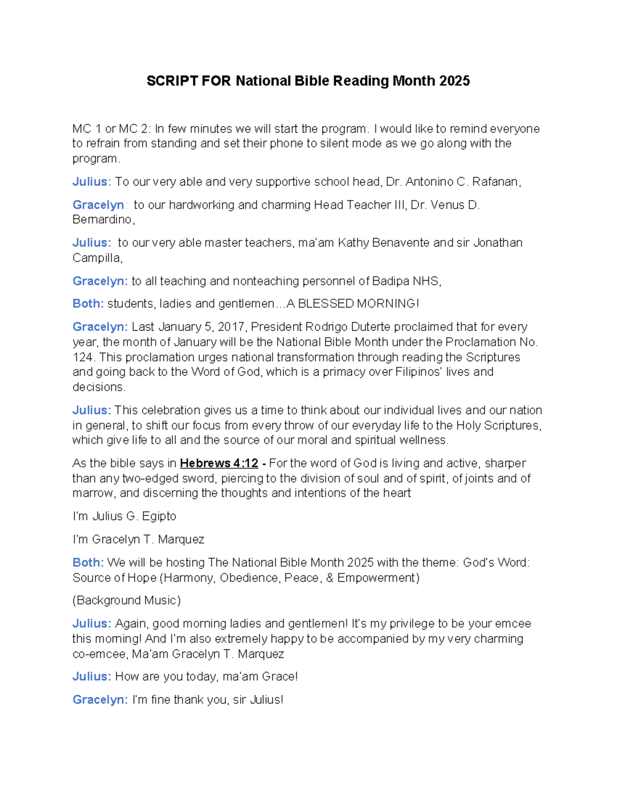 Emcee Script for National Bible Month 2025 MC 1 or MC 2 - Studocu