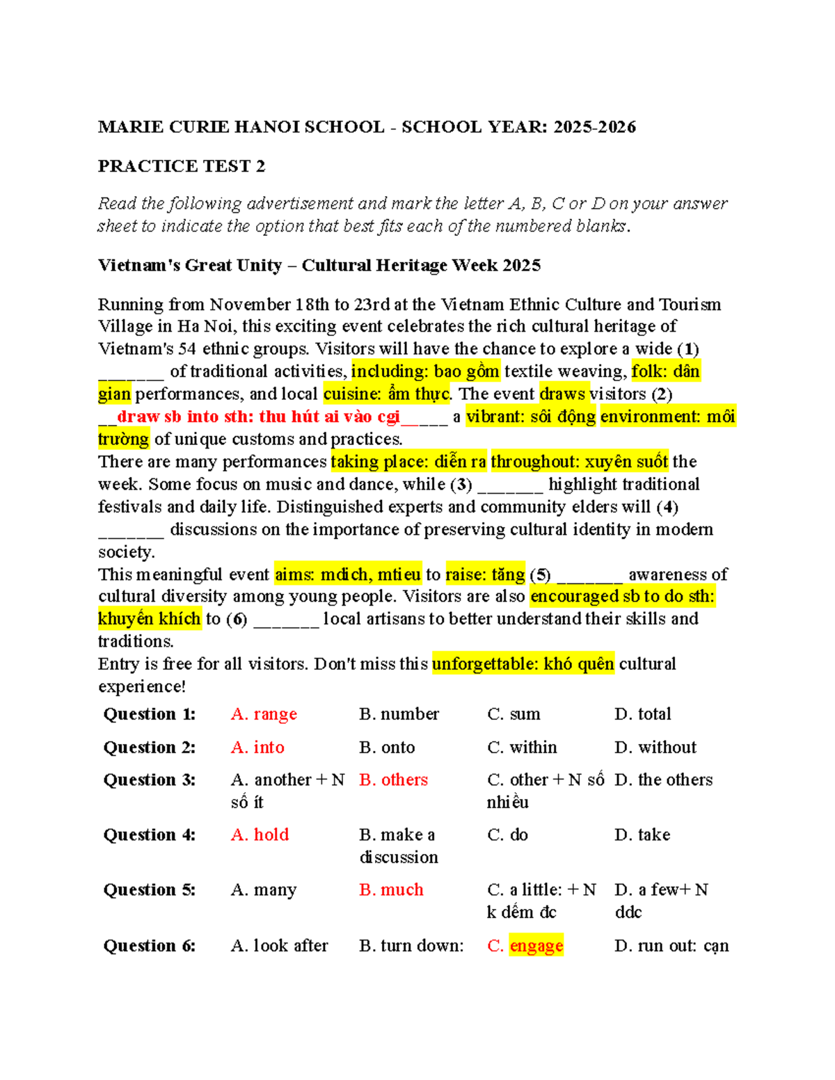 Marie Curie Hanoi School - Practice Test 2 (2025-2026) - Studocu