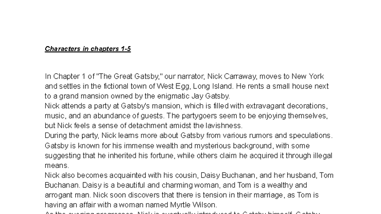 Chapter Summaries and Character Analysis for The Great Gatsby (ENG 101 ...