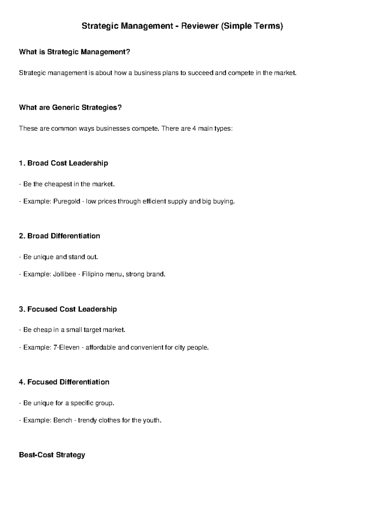 Strategic Management Reviewer: Key Concepts and Generic Strategies ...