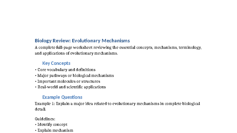 Biology Worksheet 212: Review of Evolutionary Mechanisms - Studocu