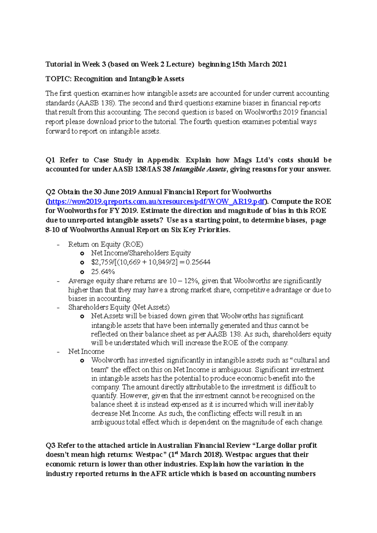 Tutorial 2 - Financial Accounting Theory - Tutorial in Week 3 (based on ...