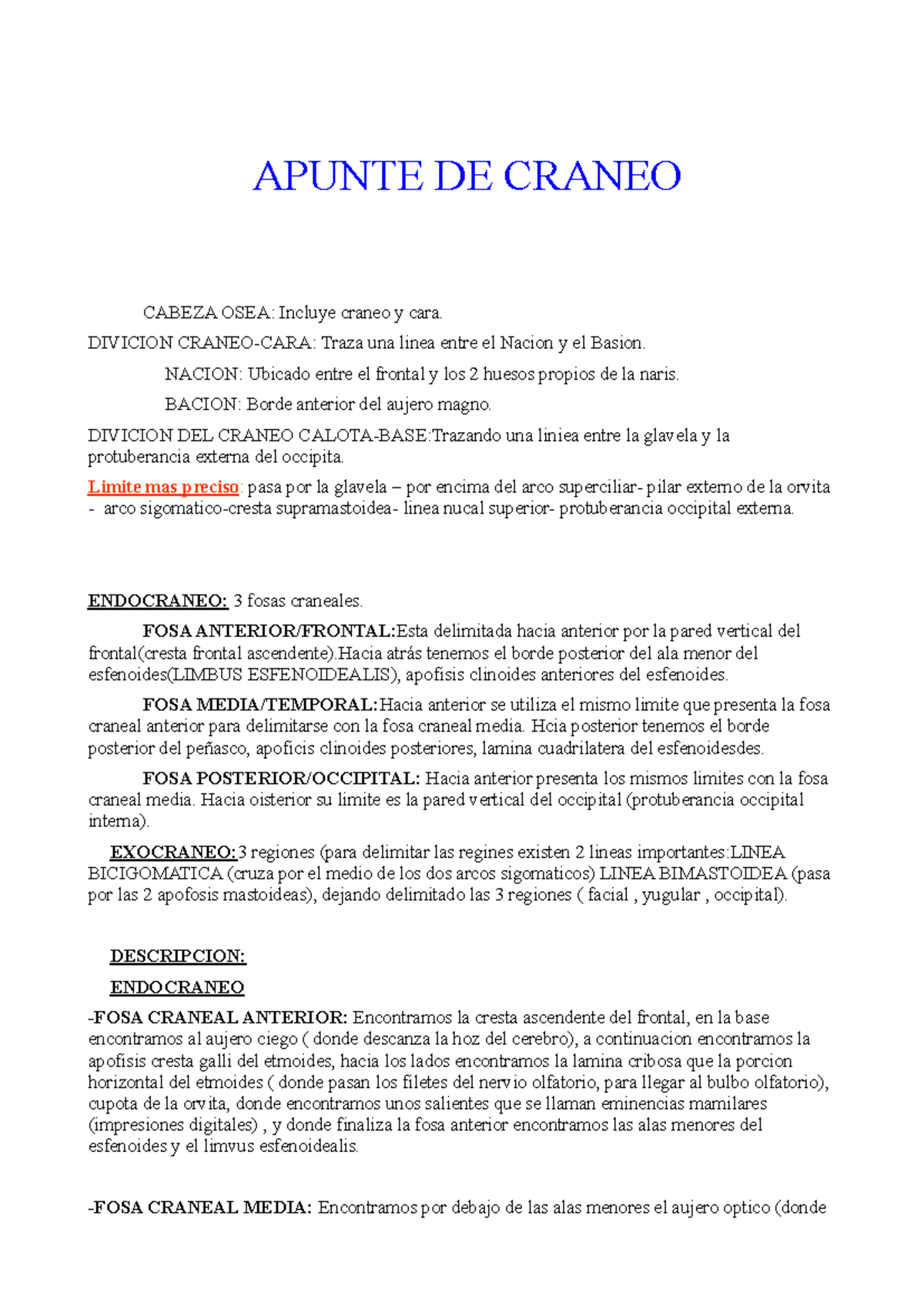 APUNTE DE ANATOMÍA CRANEAL: Estructura y Divisiones del Cráneo - Studocu