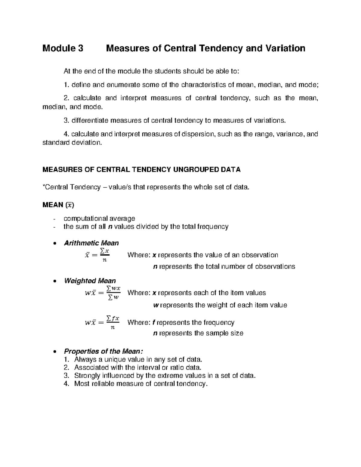 Module 3: Statistical Analysis - Central Tendency & Variation Concepts ...