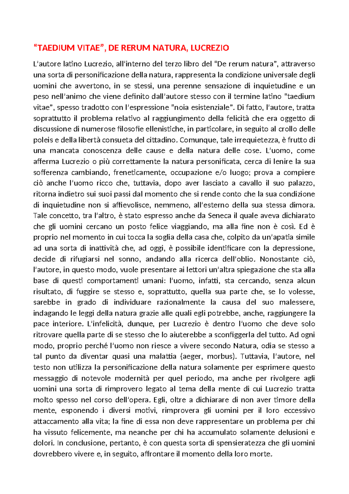 Analisi del "Taedium Vitae" in Lucrezio: Noia Esistenziale e Felicità ...