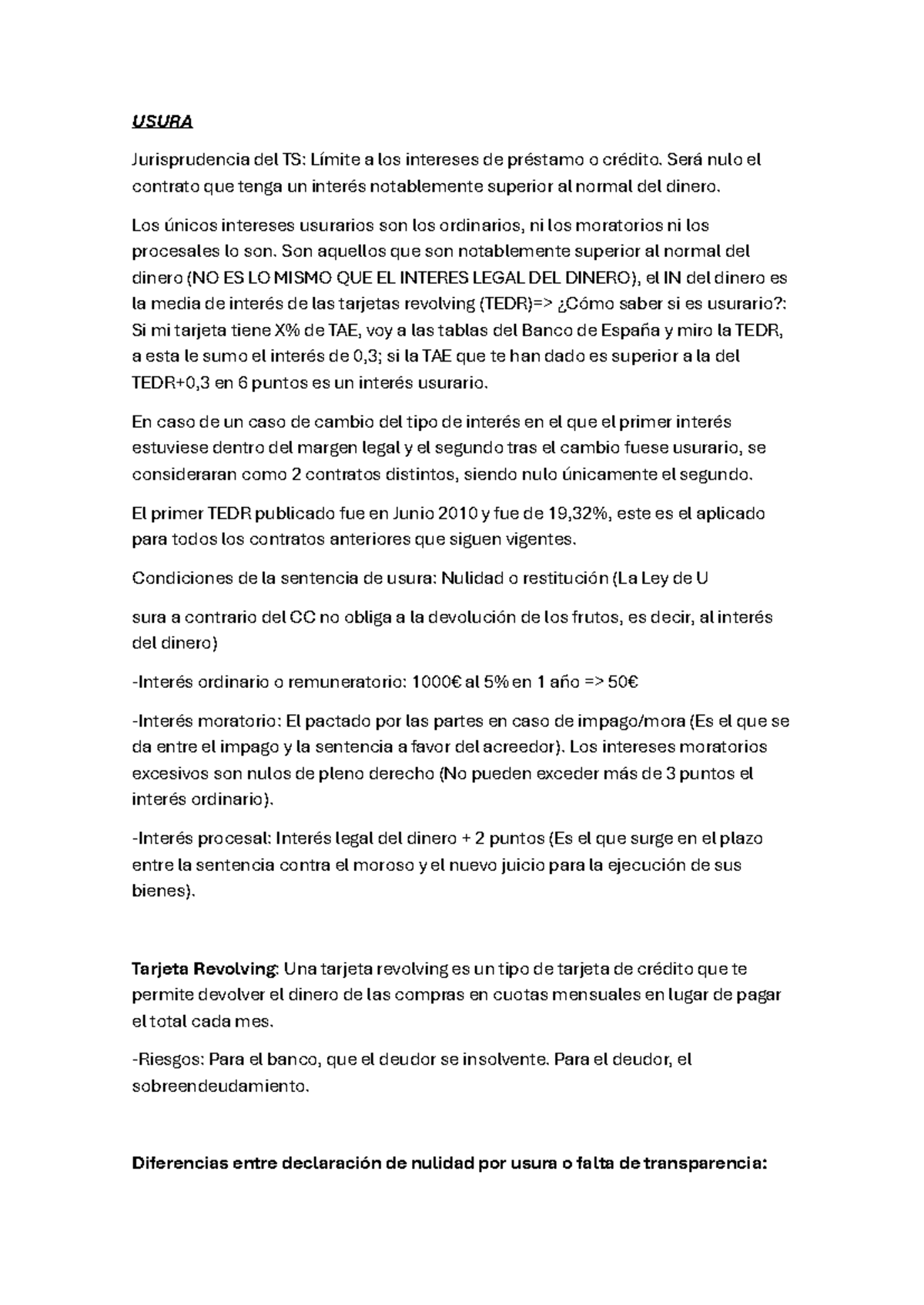 USURA TS: Límite de Intereses en Préstamos y Tarjetas Revolving - Studocu