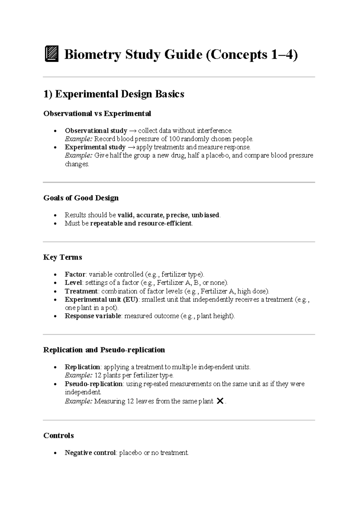 Biometry Study Guide (Concepts 1): Experimental Design Essentials - Studocu