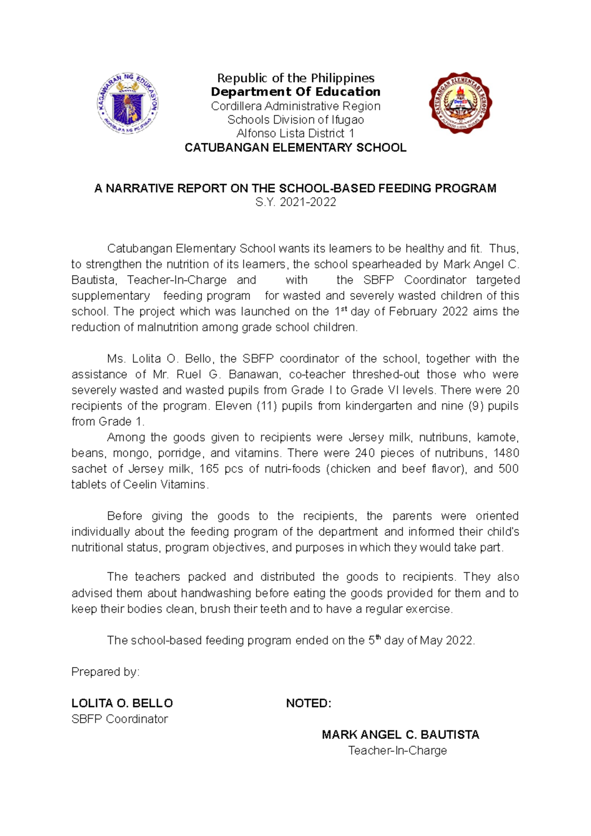 SBFP Narrative REP 2022 - Republic of the Philippines Department Of ...