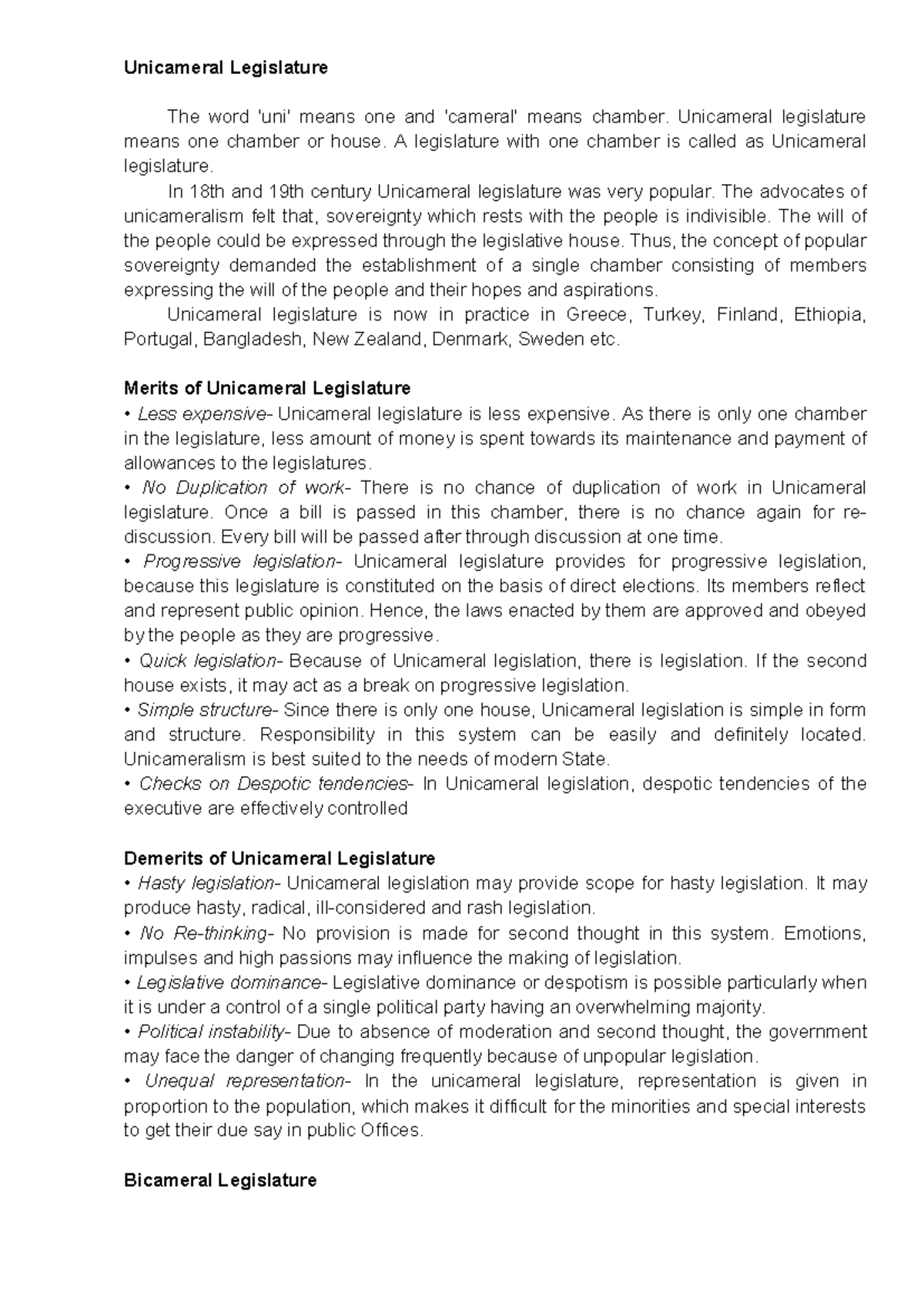Unicameral vs Bicameral Legislature: A Comparative Study - Studocu