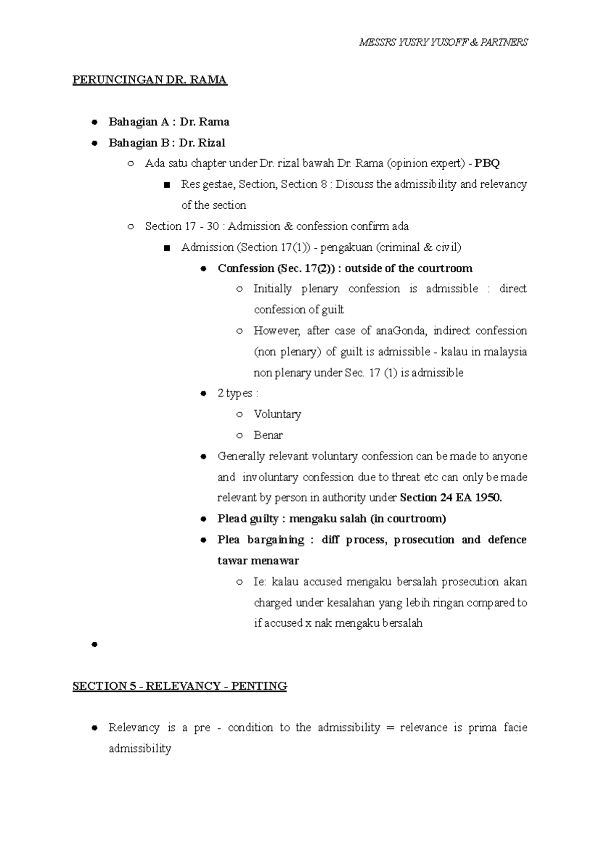 Recap Evidence Notes for MESSRS YUSRY YUSOFF & PARTNERS - Studocu
