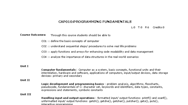 CAP010: Programming Fundamentals Course Syllabus and Outcomes - Studocu