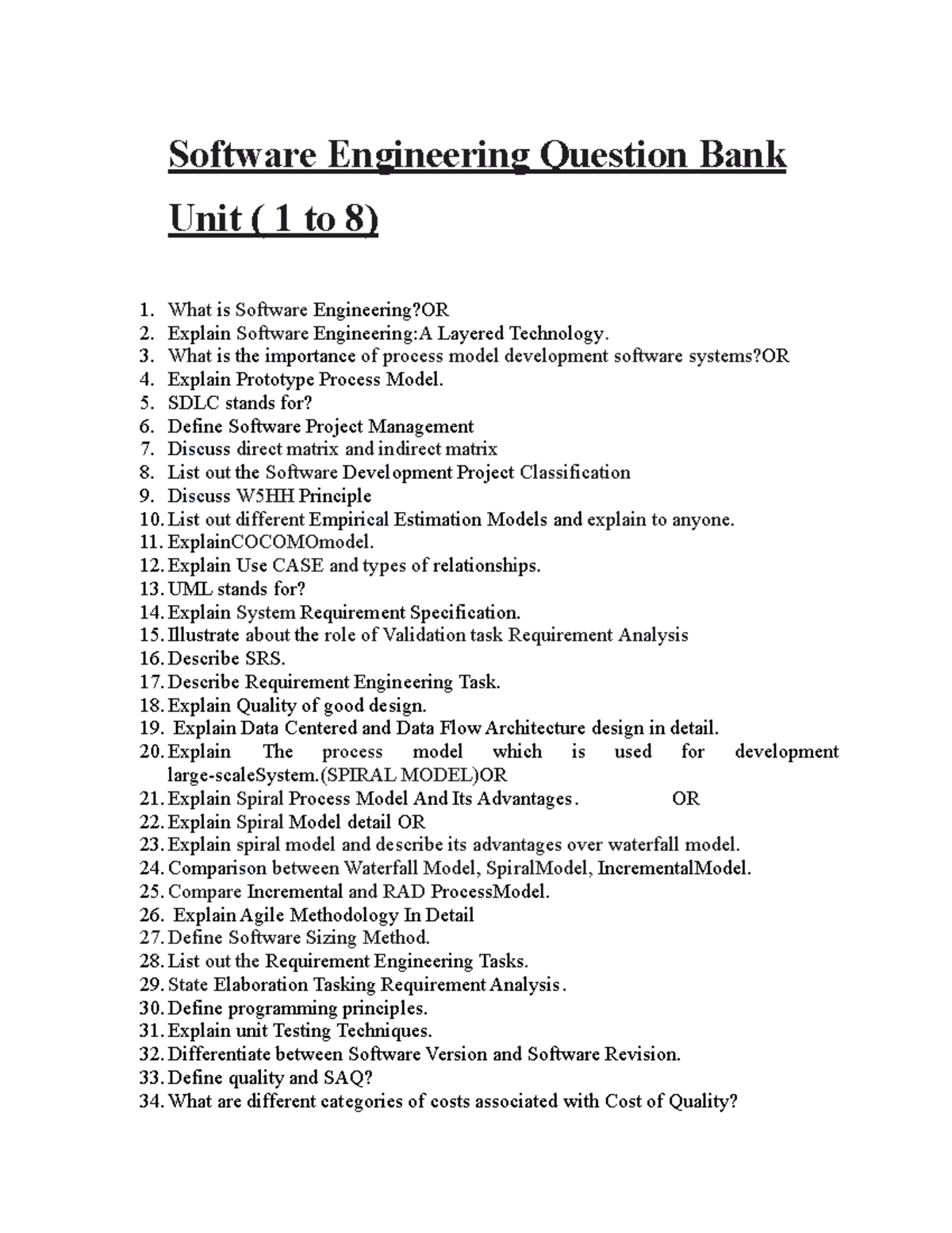 SE Question Bank - Software Engineering Summary B.Tech CSE - Studocu