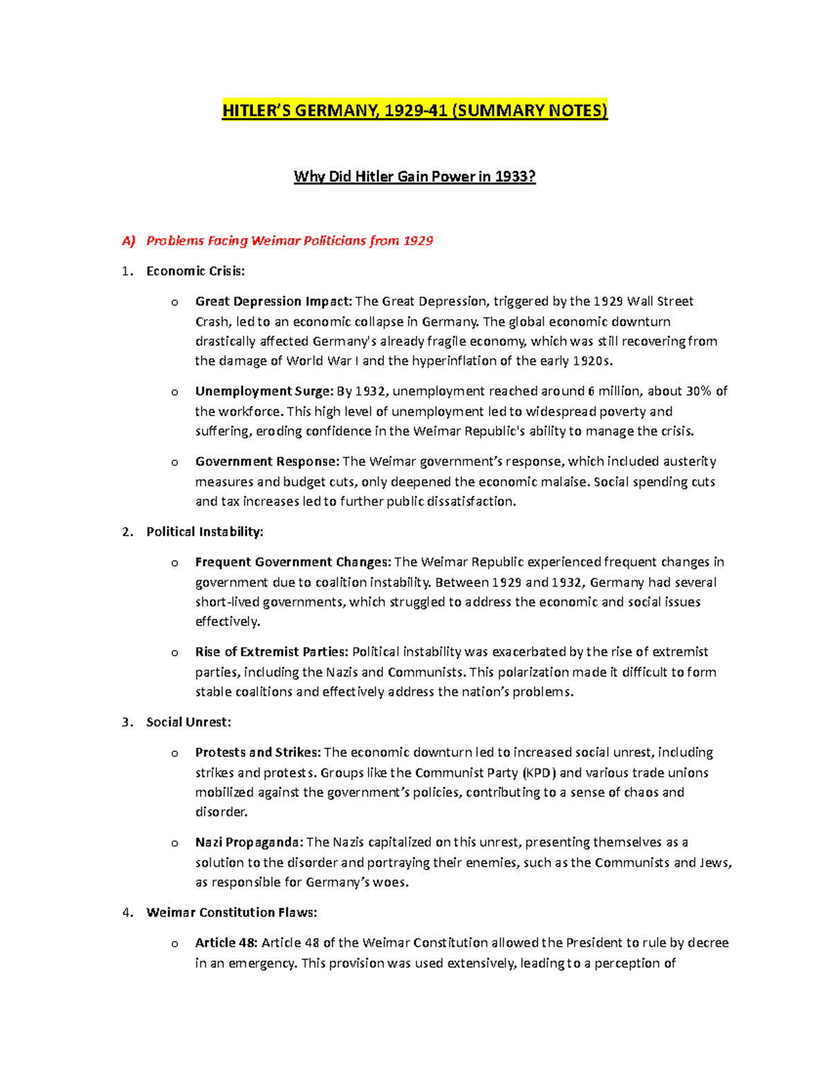 HIST 101: Summary Notes on Hitler's Rise to Power and Weimar Challenges ...