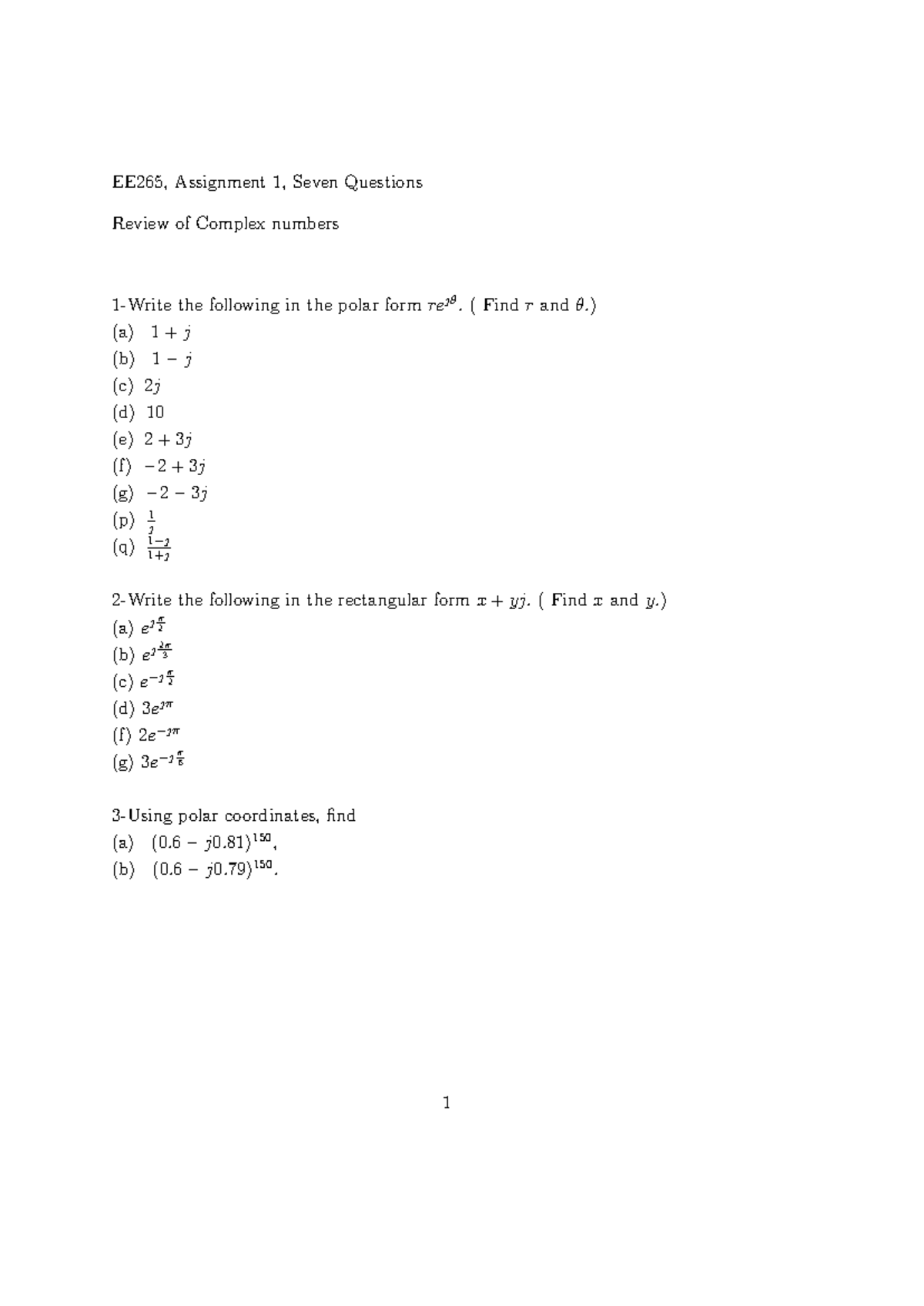 EE265, Assignment 1: Complex Numbers Review in Polar Form - Studocu