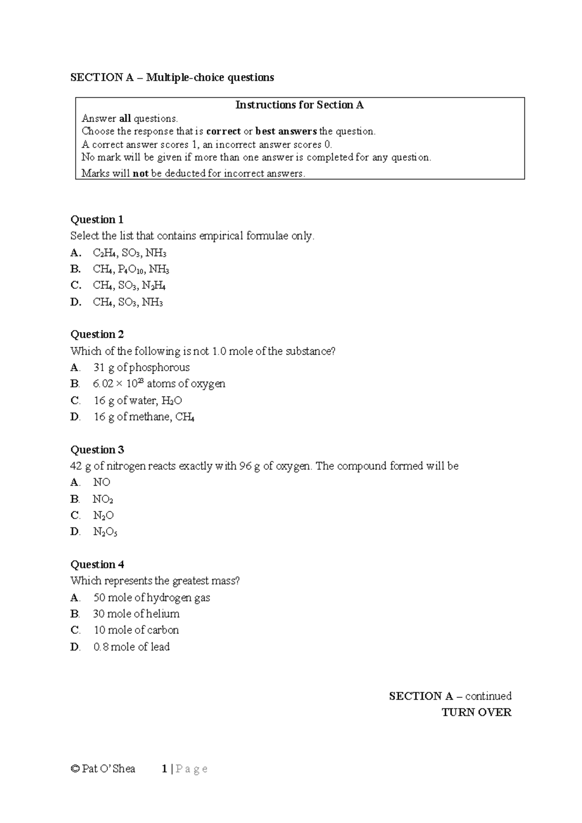 Mole Theory Revision Test: Section A & B Questions - Studocu