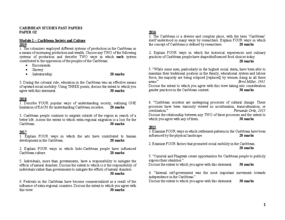 2019-2020 Pp02 - Caribbean Studies Practice Questions - Studocu