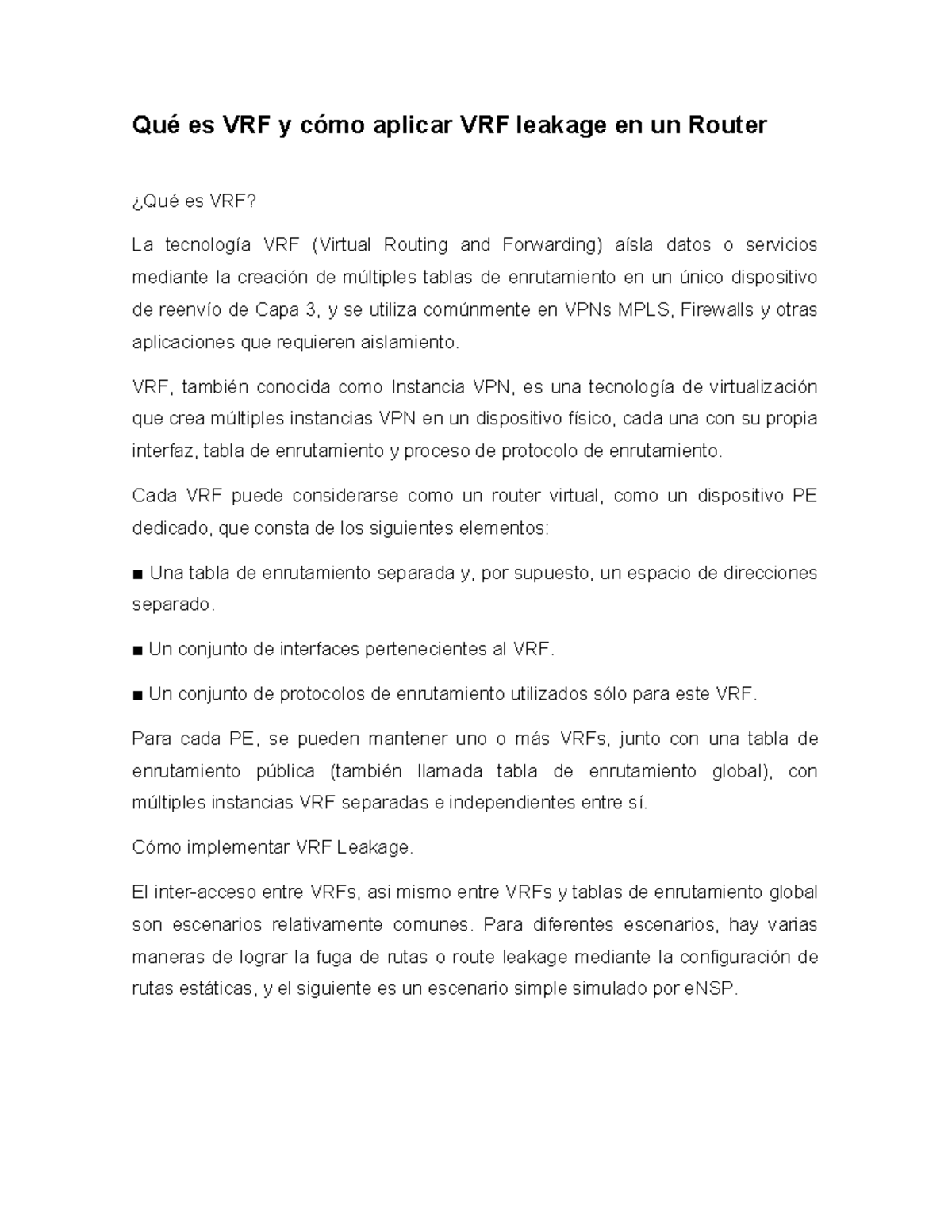 VRF y VRF Leakage en Routers Huawei - Análisis y Configuración - Studocu