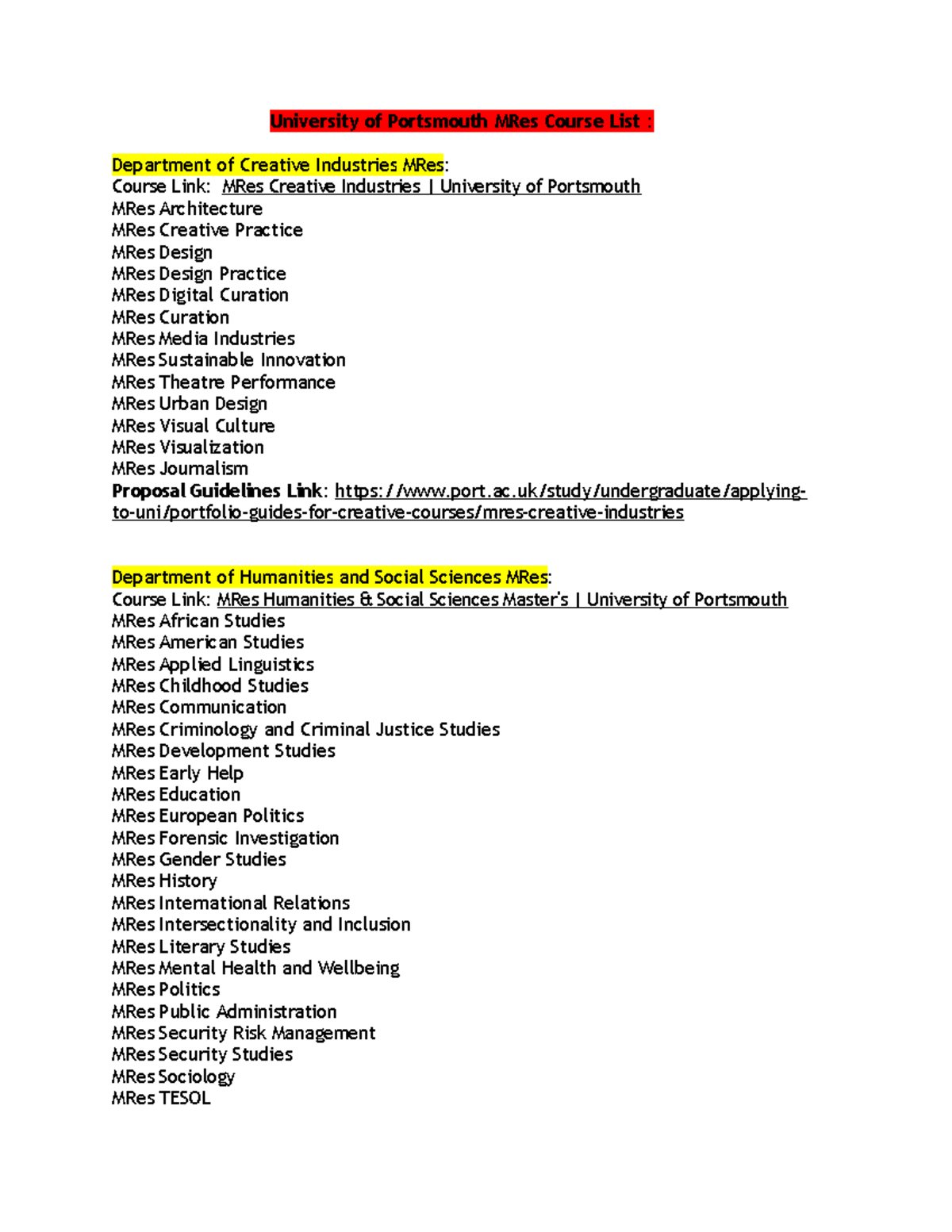 MRes Course List & Proposal Guidelines: University of Portsmouth ...