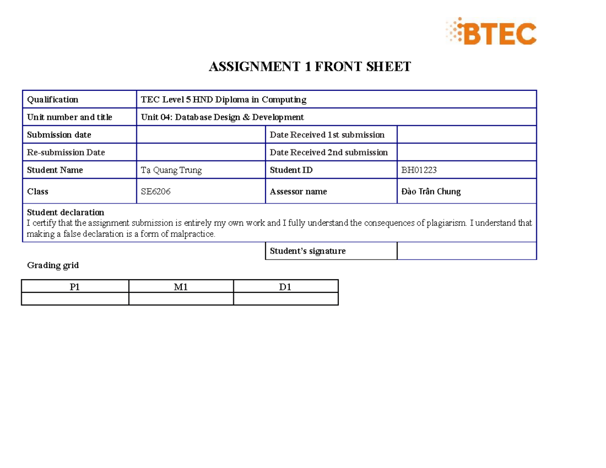 ASM1-Ta Quang Trung-BH01223 - ASSIGNMENT 1 FRONT SHEET Qualification ...