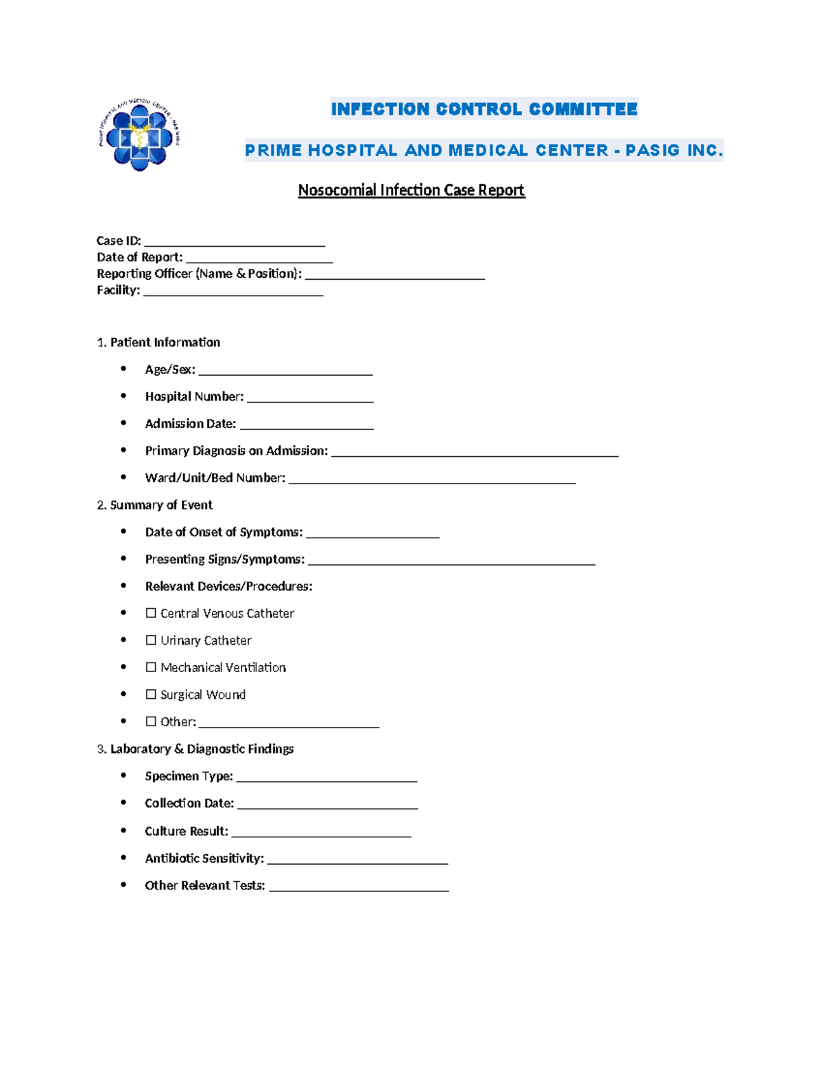 Nosocomial Infection Case Report - Prime Hospital (Infection Control ...